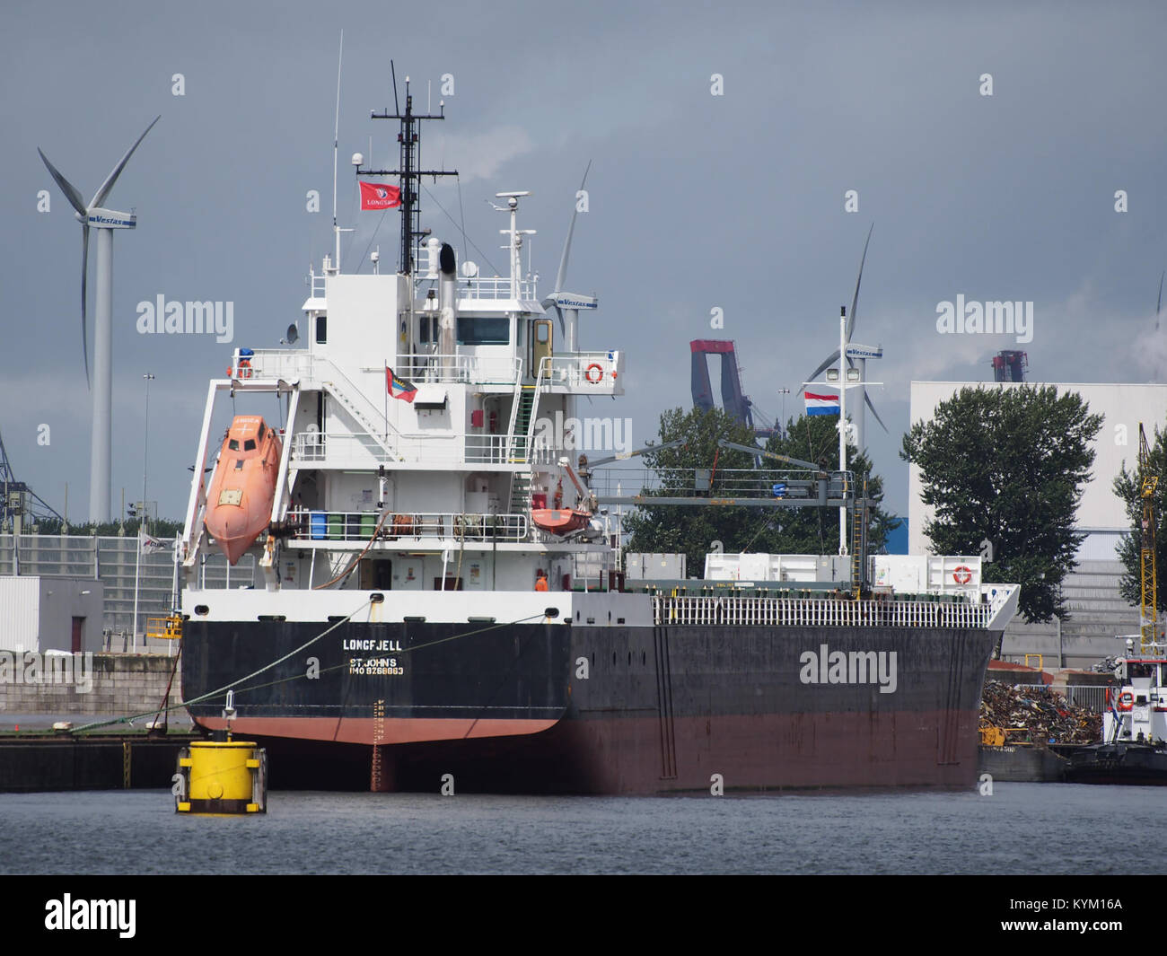 A photograph of the Longfjell, a cargo ship built in 2005, as it docks ...