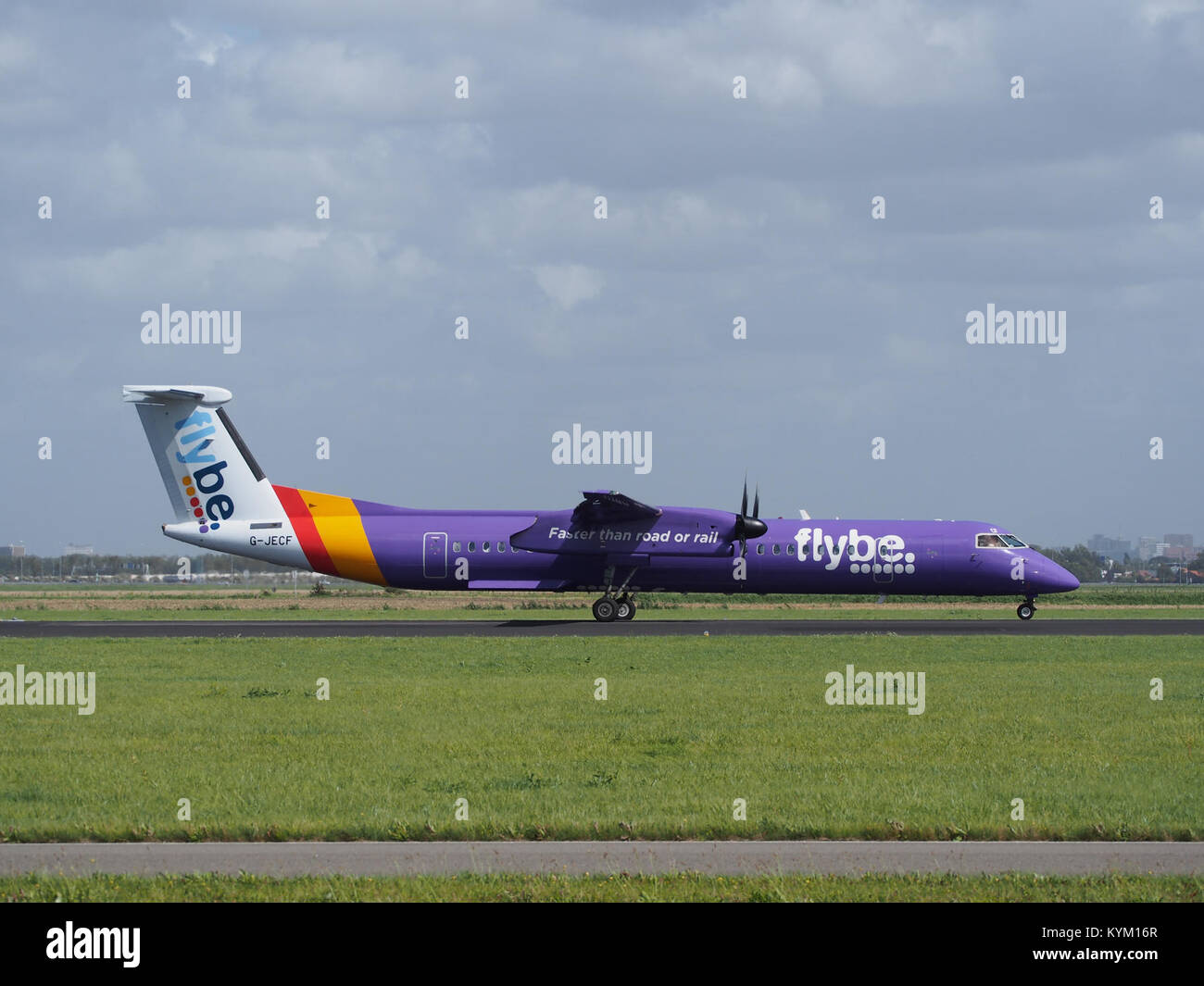 An image of the G-JECF, a Flybe-operated De Havilland Canada DHC-8-402Q Dash 8, landing at ...
