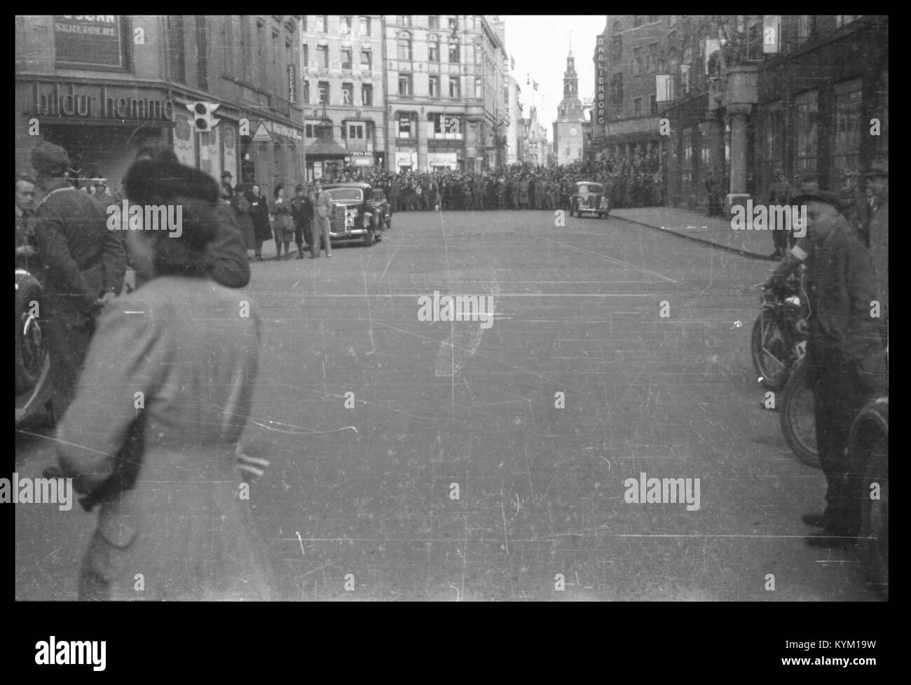 A historic photograph showing a cheering crowd welcoming the Allied ...