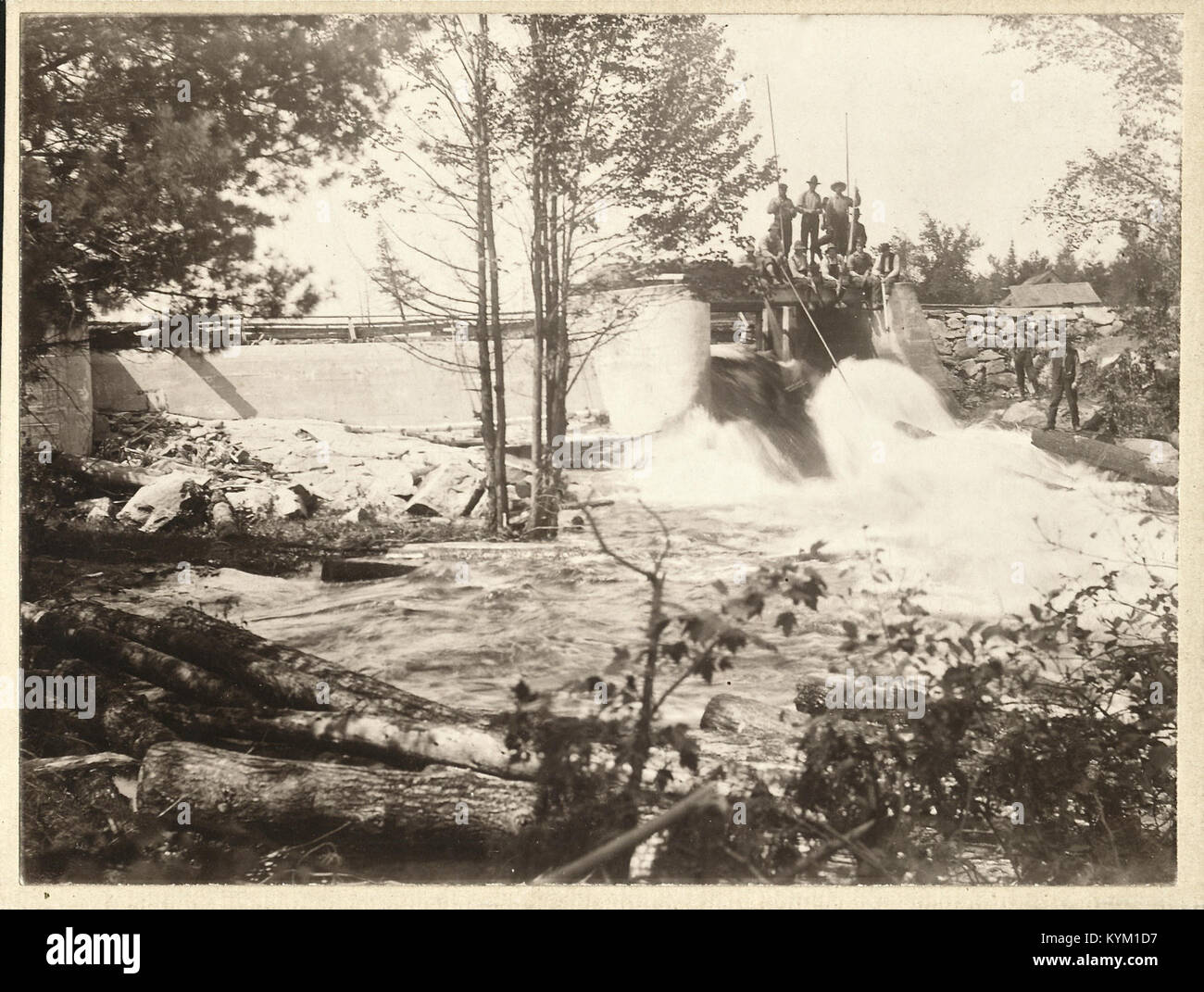 A historical photograph of Ragged Chutes Dam, taken in the early 1900s ...