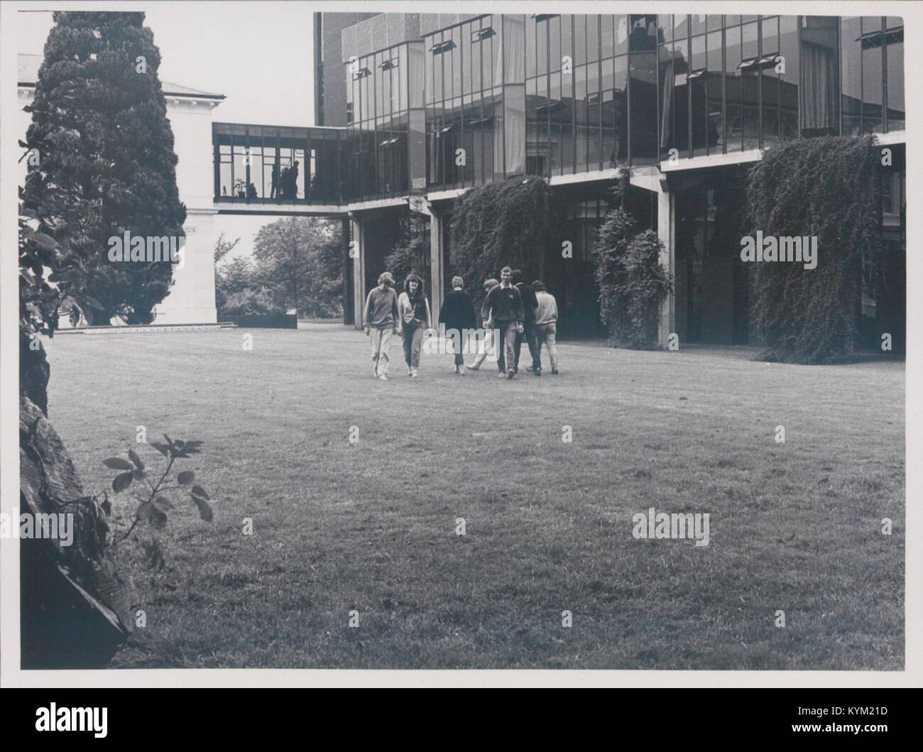 A historical photograph showing students on the quad behind Plassey ...