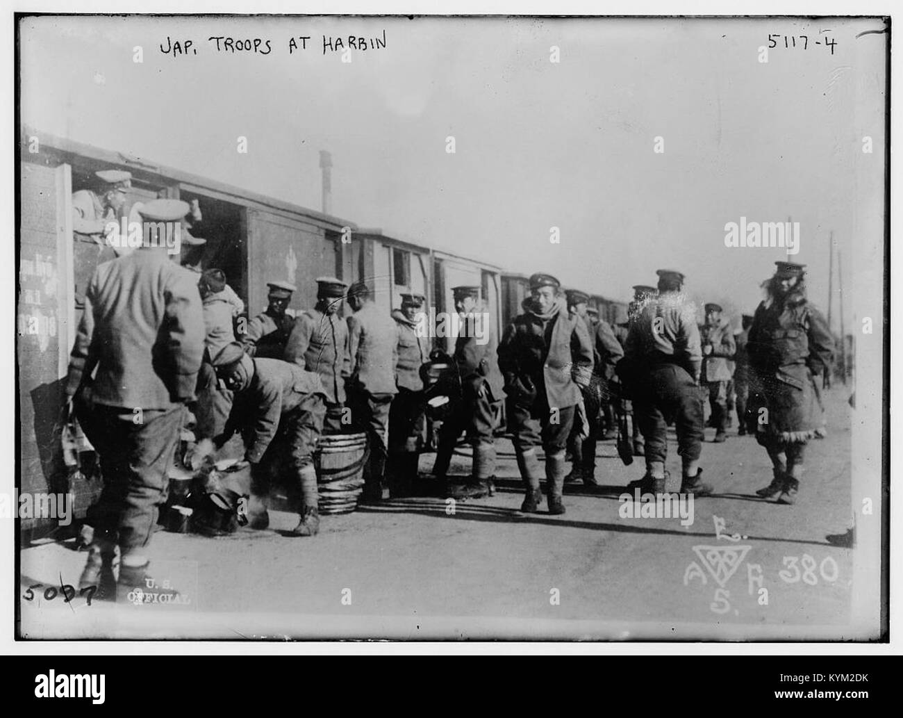 This image depicts Japanese military troops stationed in Harbin, China ...