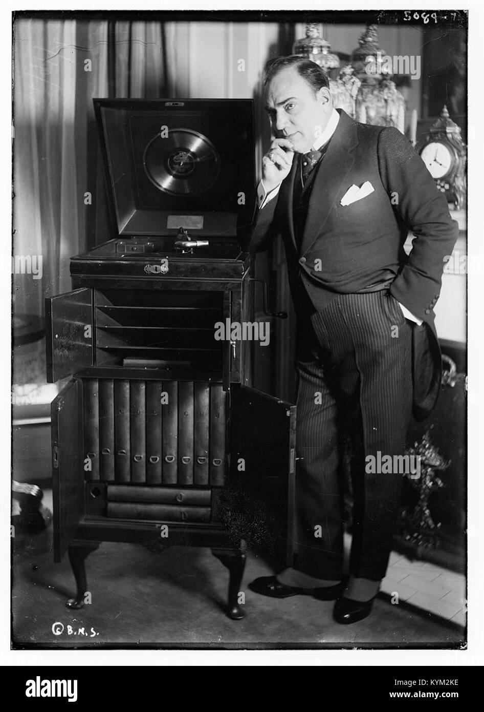 A historical image of famous opera singer Enrico Caruso, shown with a ...