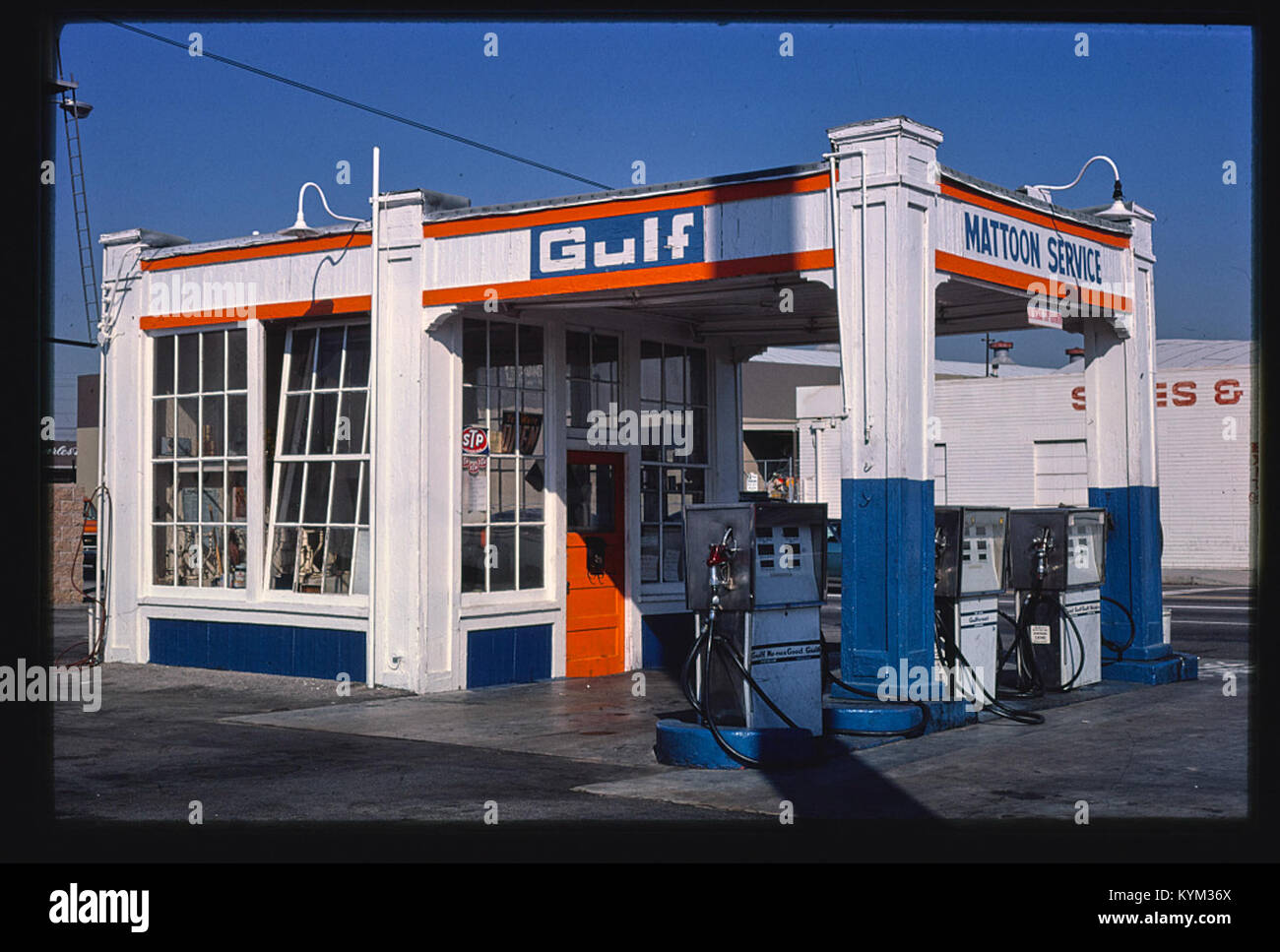 A historic photograph of a pre-fabricated service station at the ...