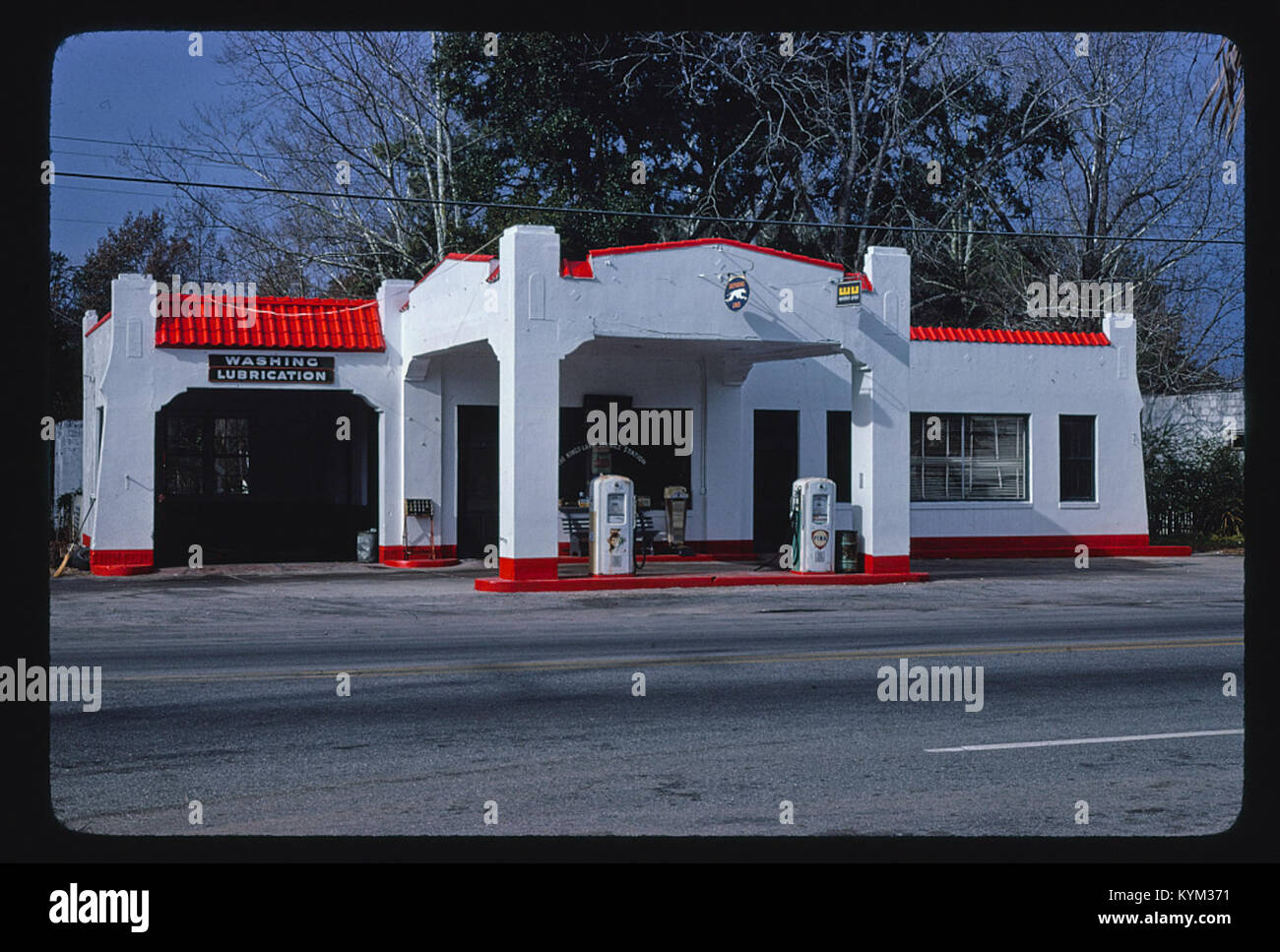 A historic photograph of a Fina gas station on Route 17 in Kingsland ...