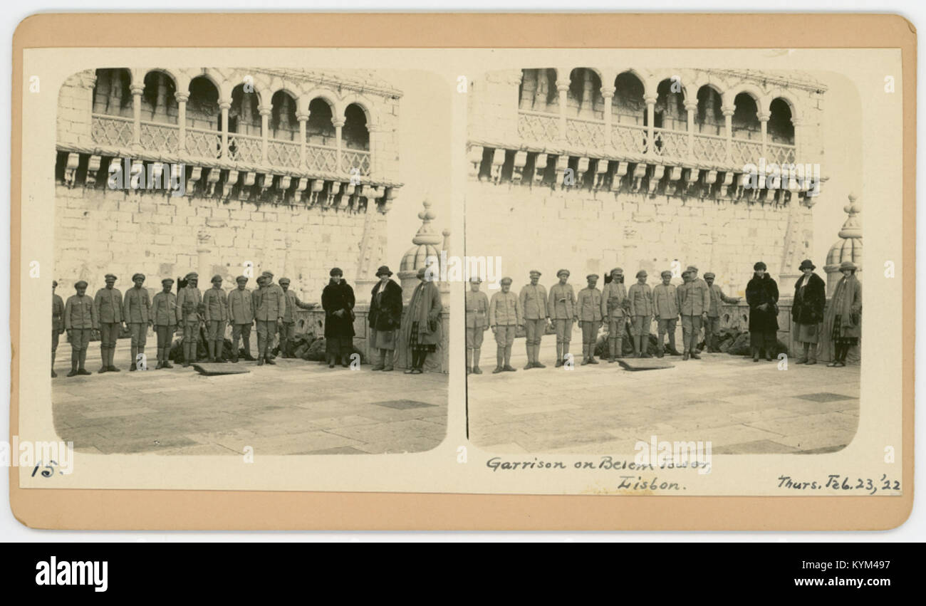 A historical illustration depicting a garrison at Belem Tower in Lisbon ...
