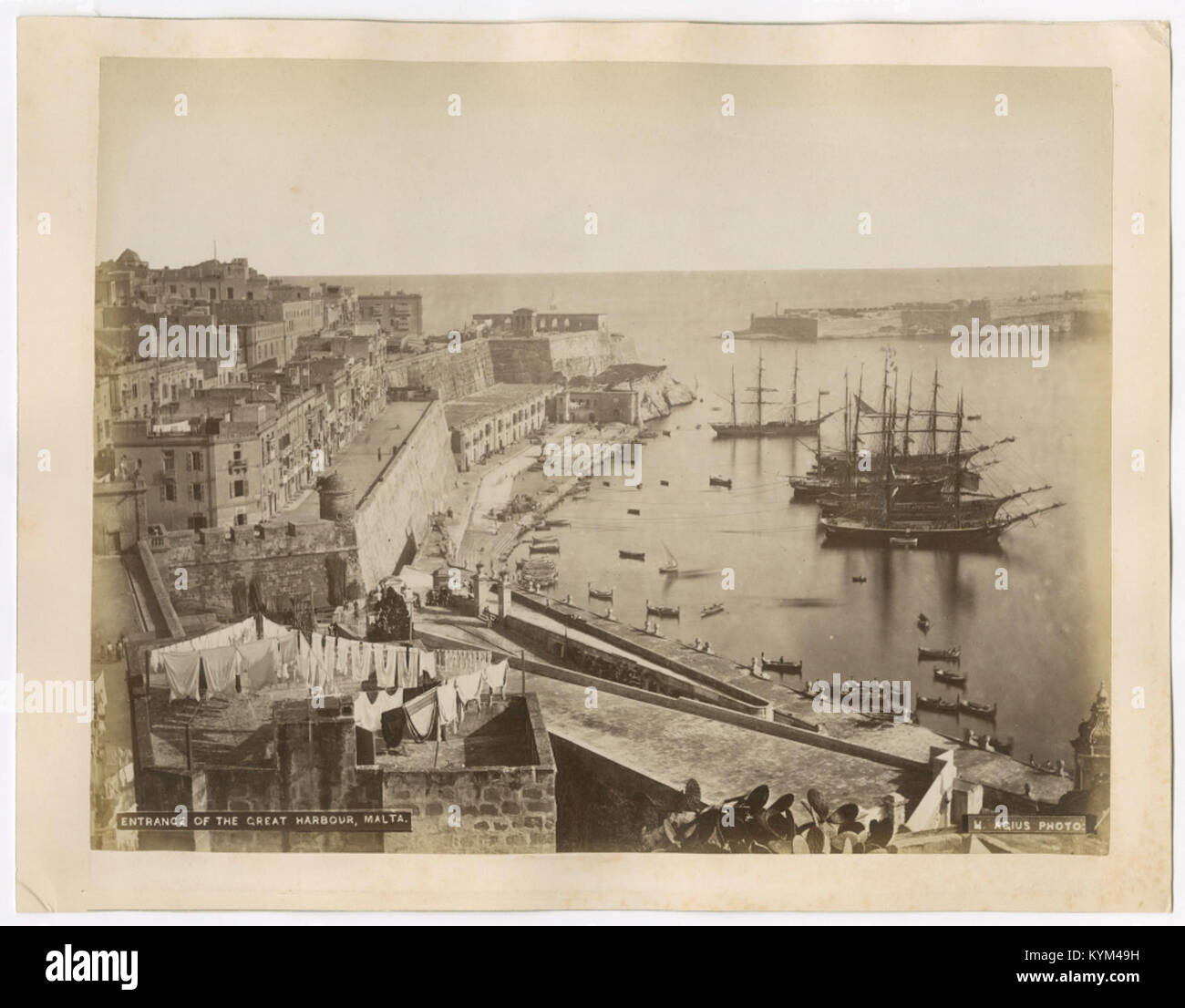 A historic illustration of the entrance to the Great Harbour in Malta ...