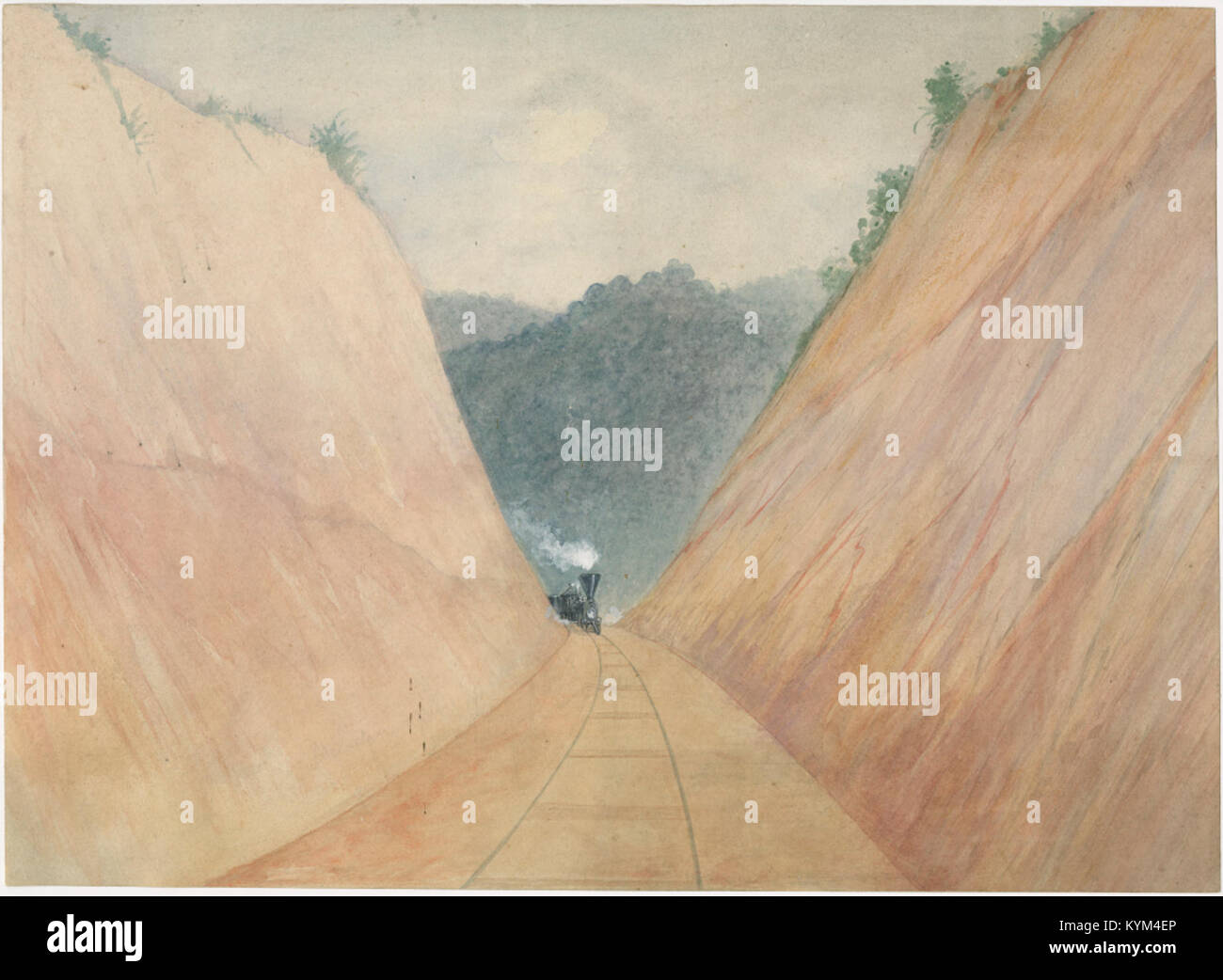 An image of a train entering a ravine, captured in a moment of ...