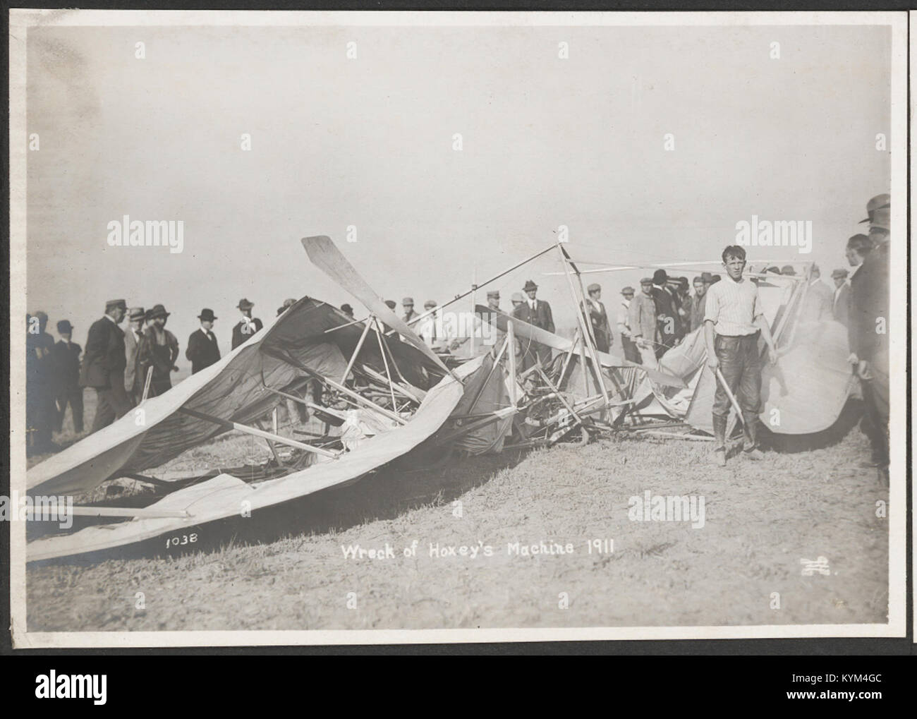 A historic photograph of the wreck of Archibald Hoxsey’s Wright Model B ...