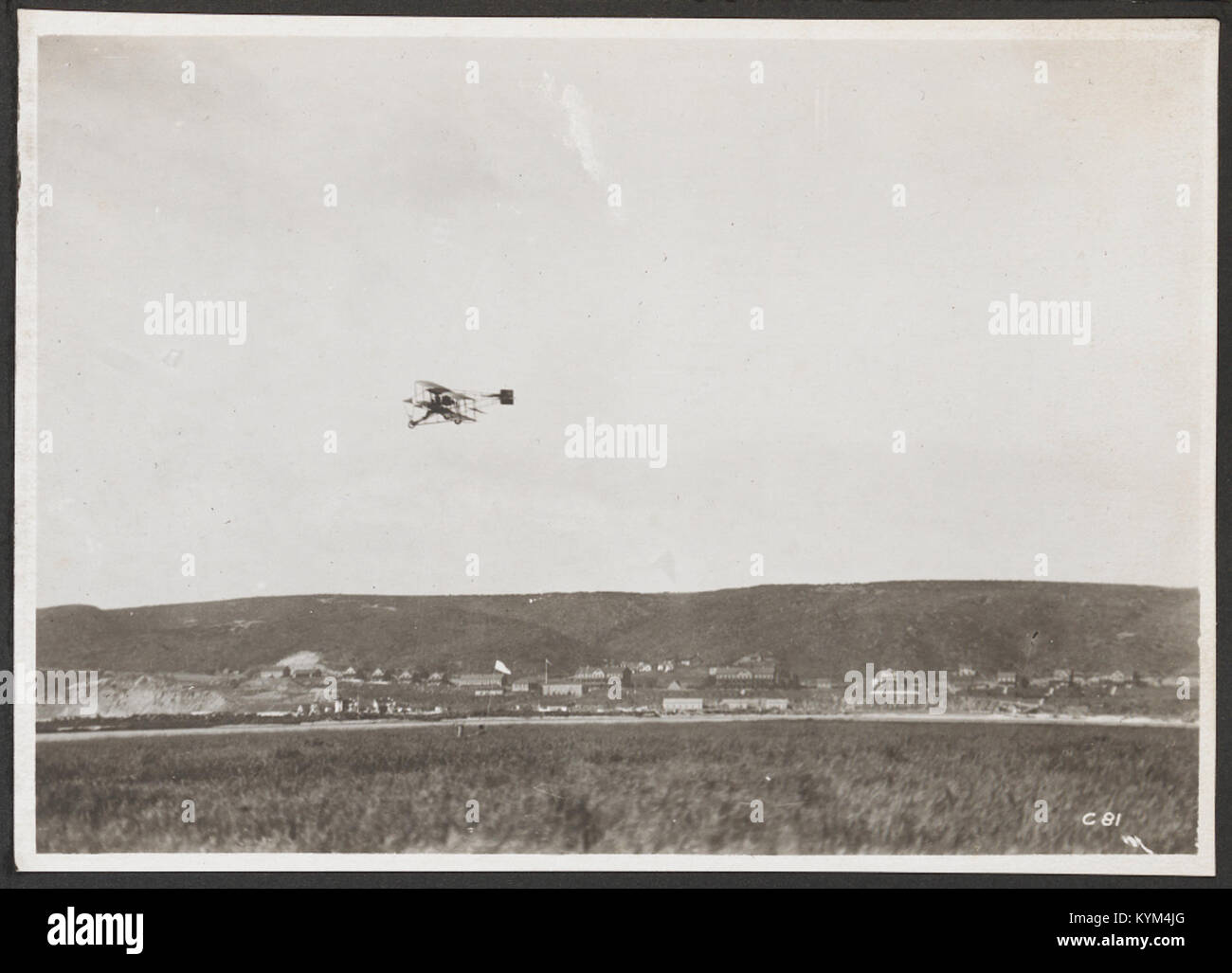 Photograph of a Curtiss Pusher biplane in flight, representing early ...