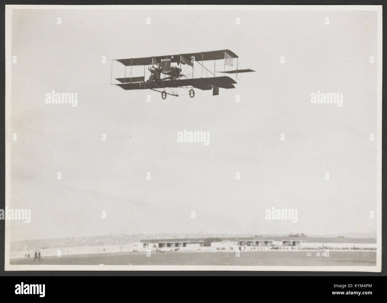#A historical image of a Curtiss Pusher aircraft in flight, an early ...