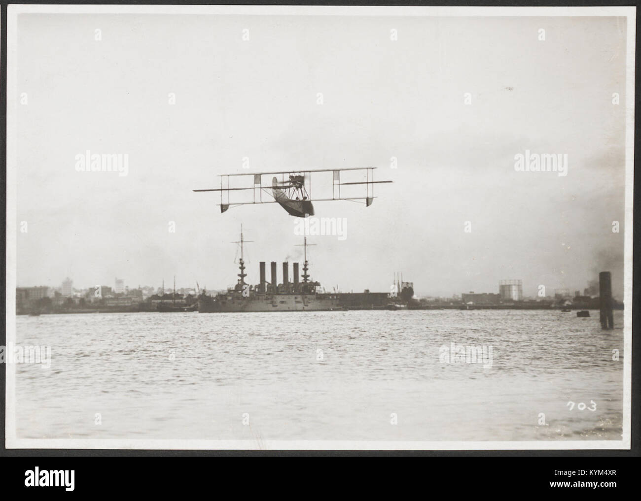 A Curtiss F-Boat, an early flying boat, captured in flight over San ...
