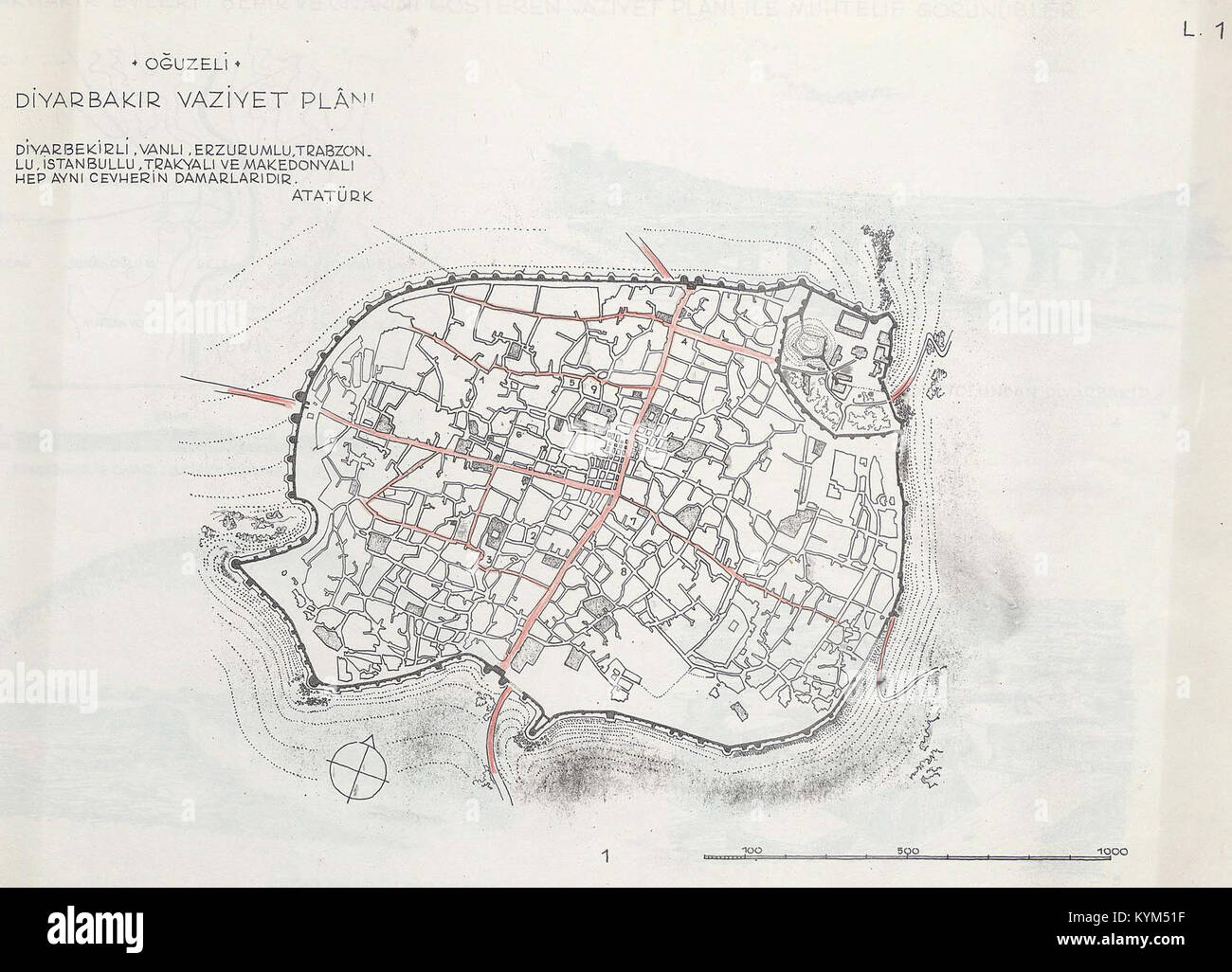 An early 20th-century city plan of Diyarbakır, a city in southeastern ...