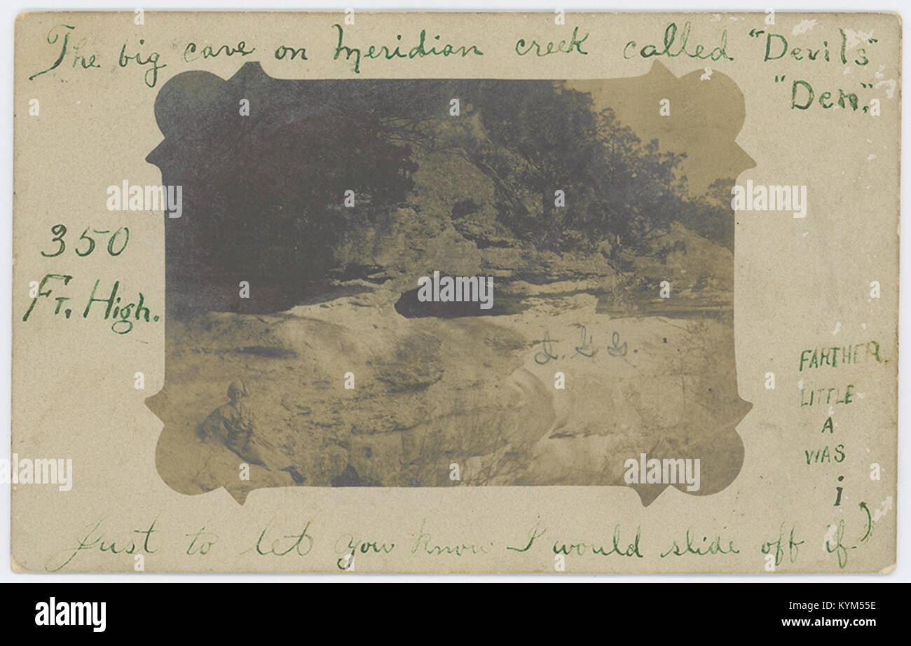 A photograph of the large cave known as 'Devils' Den' on Meridian Creek ...