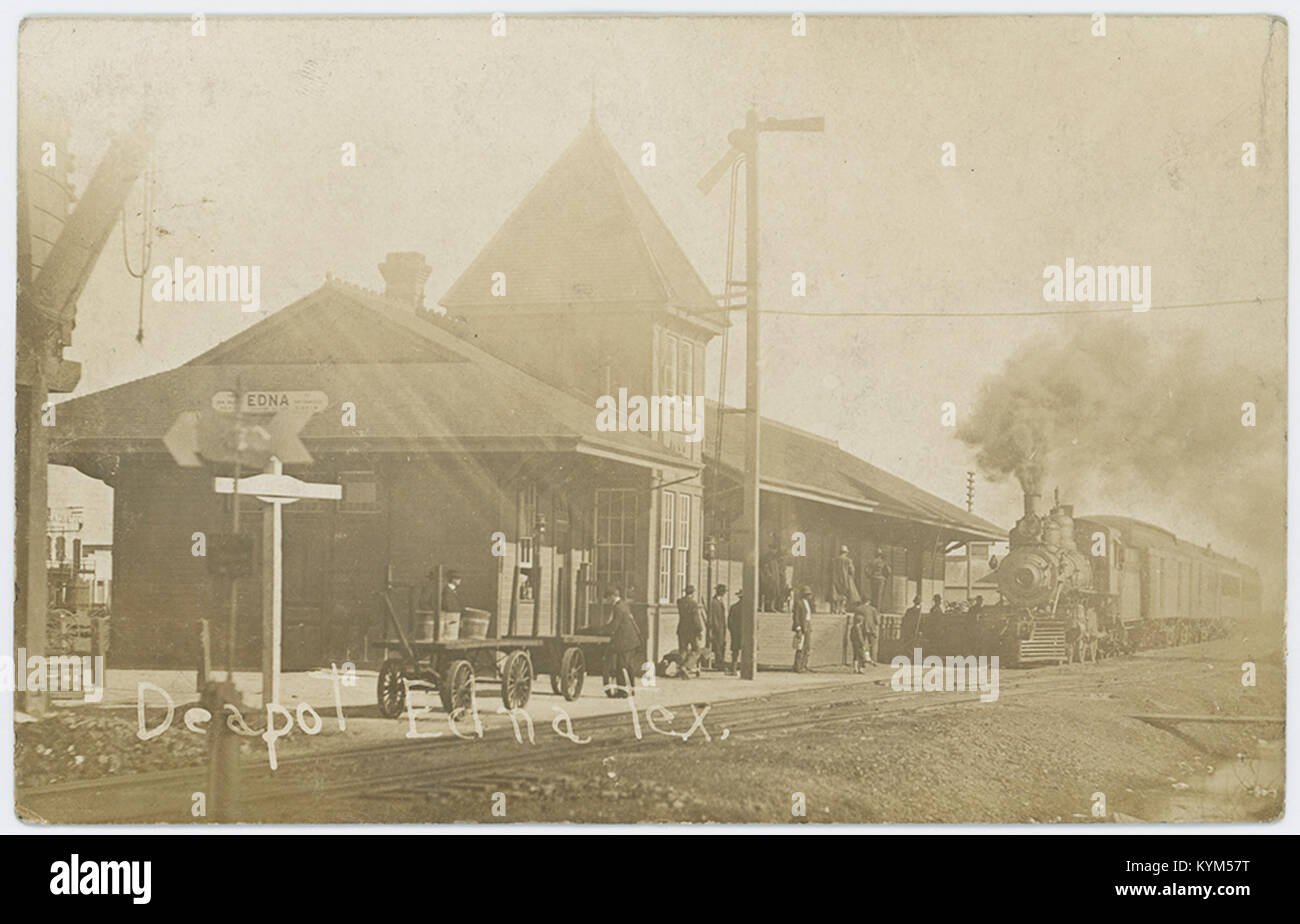 A historical illustration depicting the Deapot (sic) Edna railroad ...