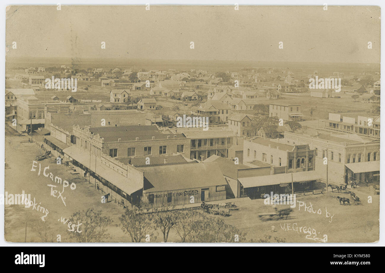 A historical photograph showing the view of El Campo, Texas, looking ...