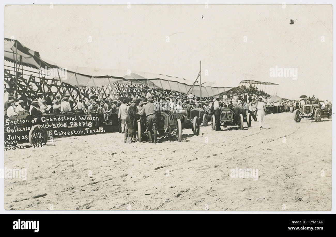 A photograph of the collapsed grandstand at a race in Galveston, Texas ...