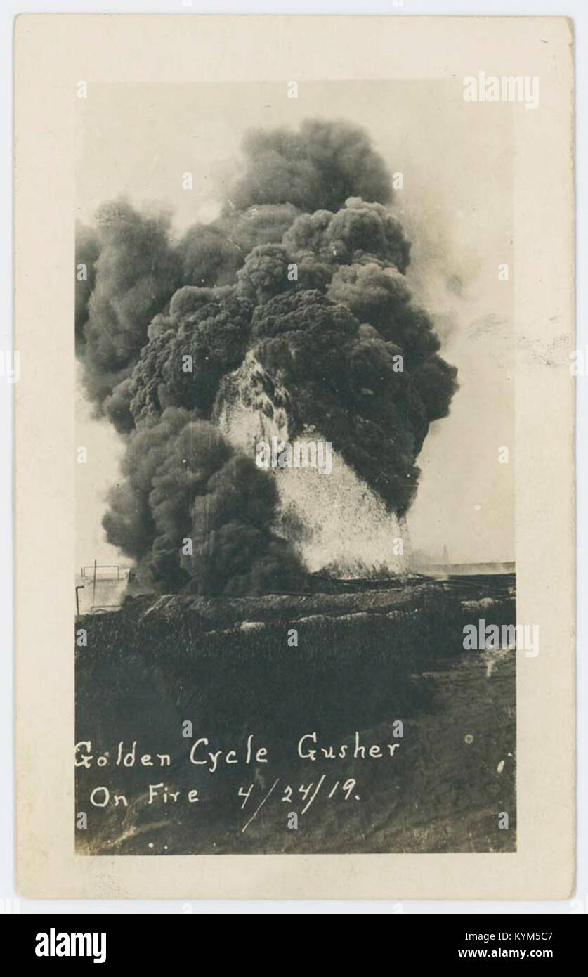 A historic image capturing the Golden Cycle Gusher, an oil fire in ...