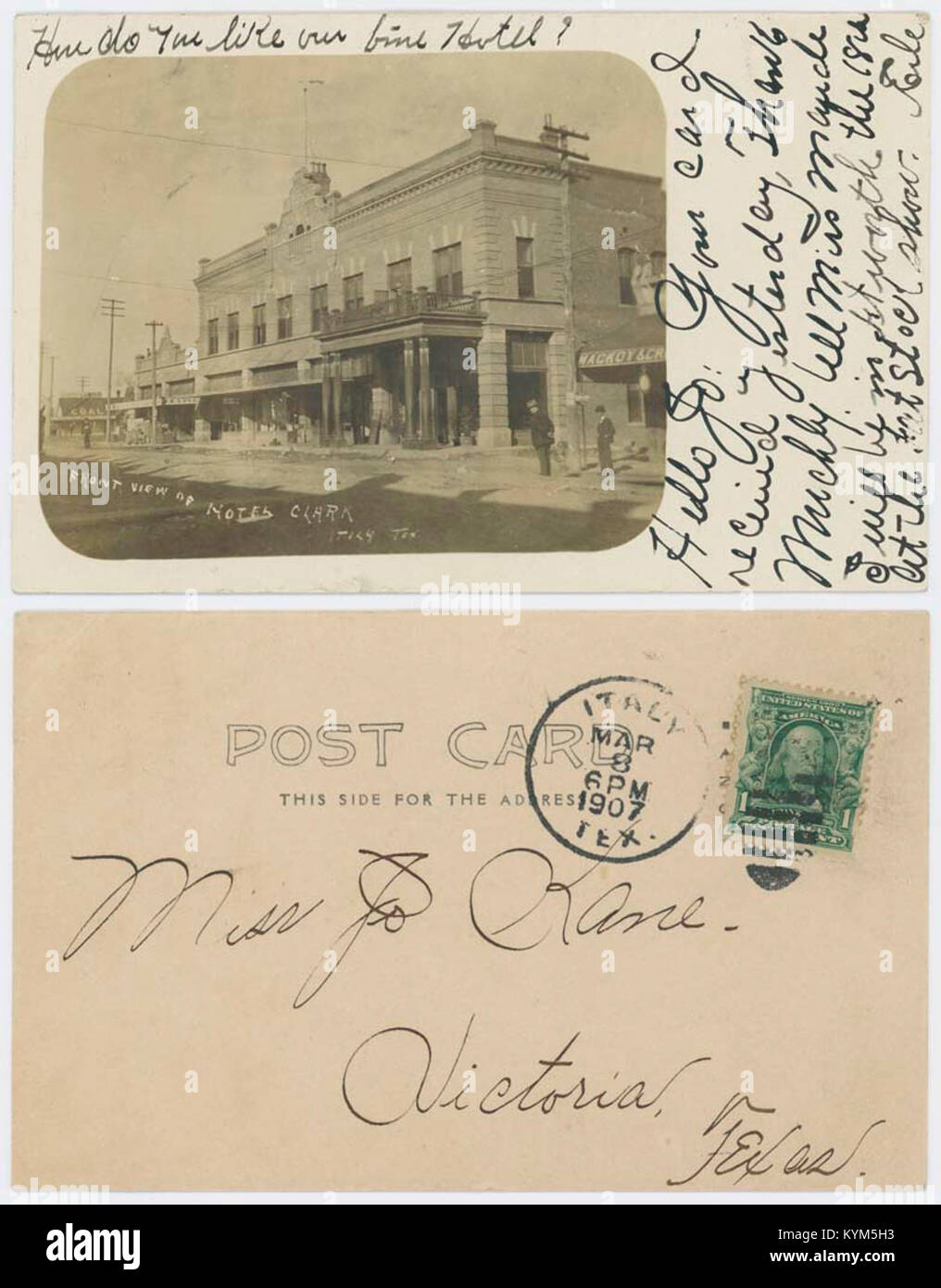 A historic photograph of the front view of Hotel Clark in Italy, Texas ...