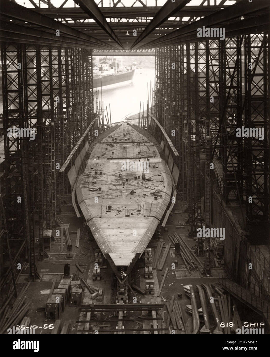 A historical photograph of work underway on the side frames of the ...