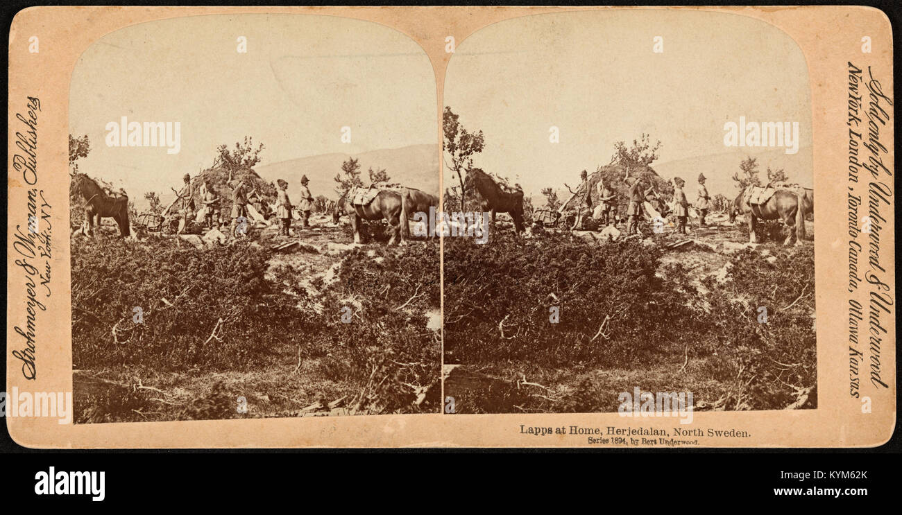 A stereograph depicting Lapp people (Sami) in their traditional home in ...