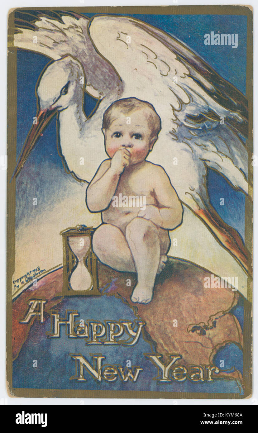A vintage illustration titled 'A Happy New Year', depicting a festive ...