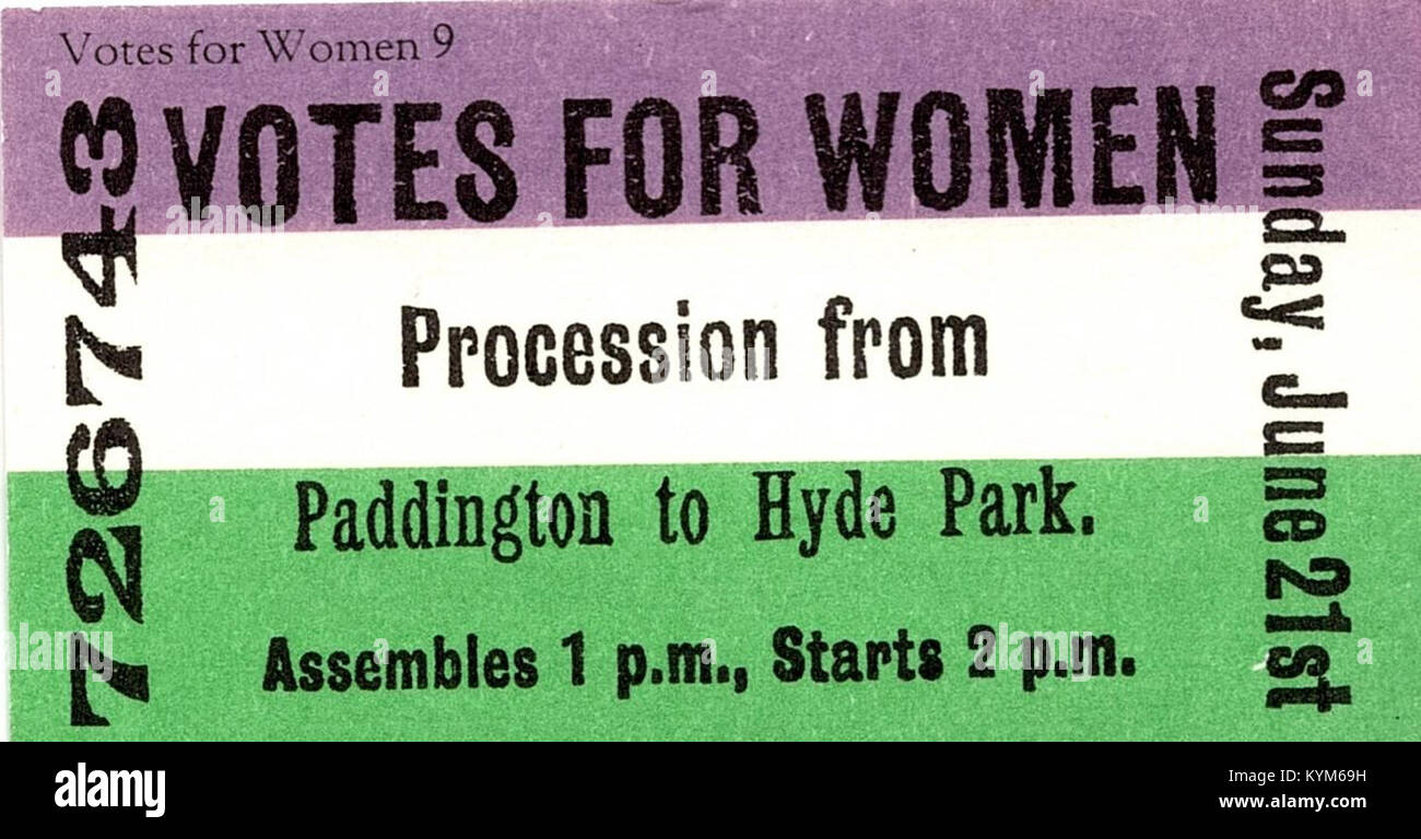 A ticket to the WSPU procession held on Sunday, 21 June 1908, part of ...