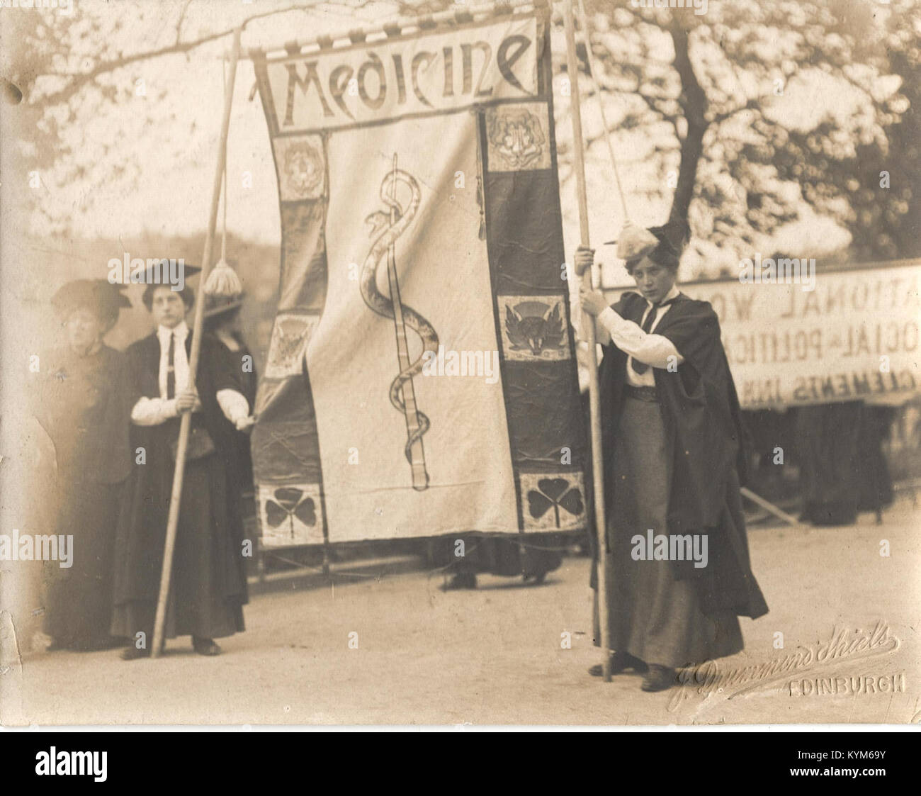 A photograph of a banner designed by Mary Lowndes for the National ...