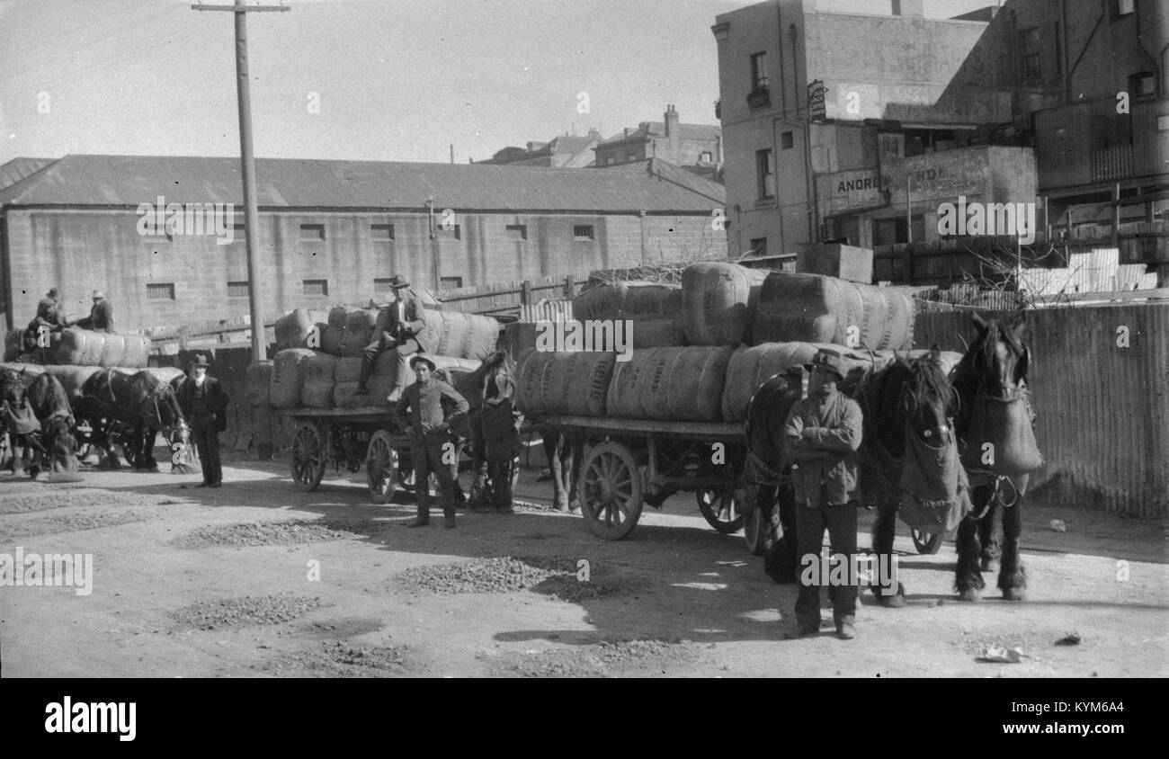 A historical image depicting free laborers with horses and wagons ...