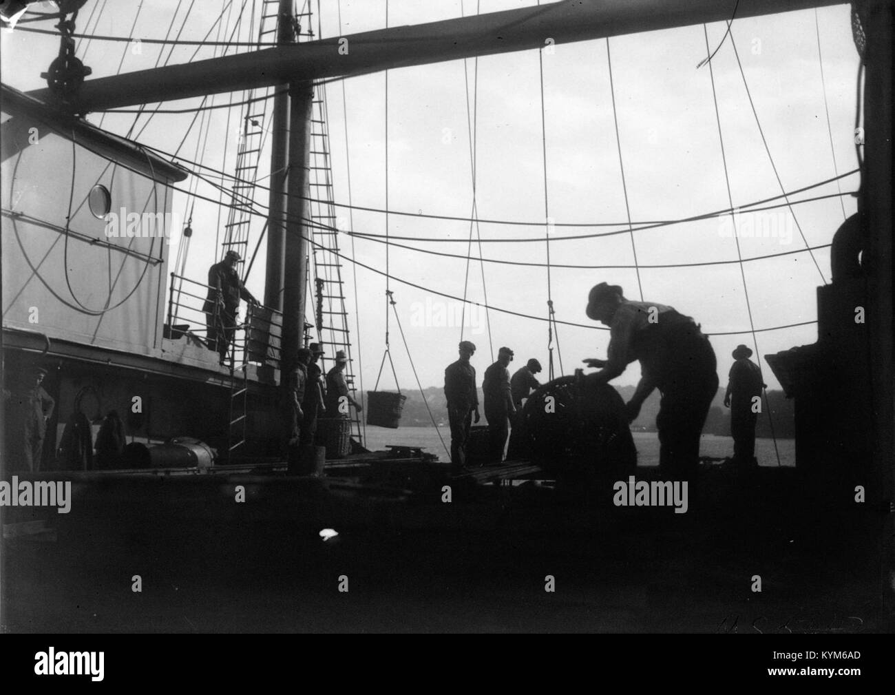 Photograph showing free labourers loading a ship during the big strike ...