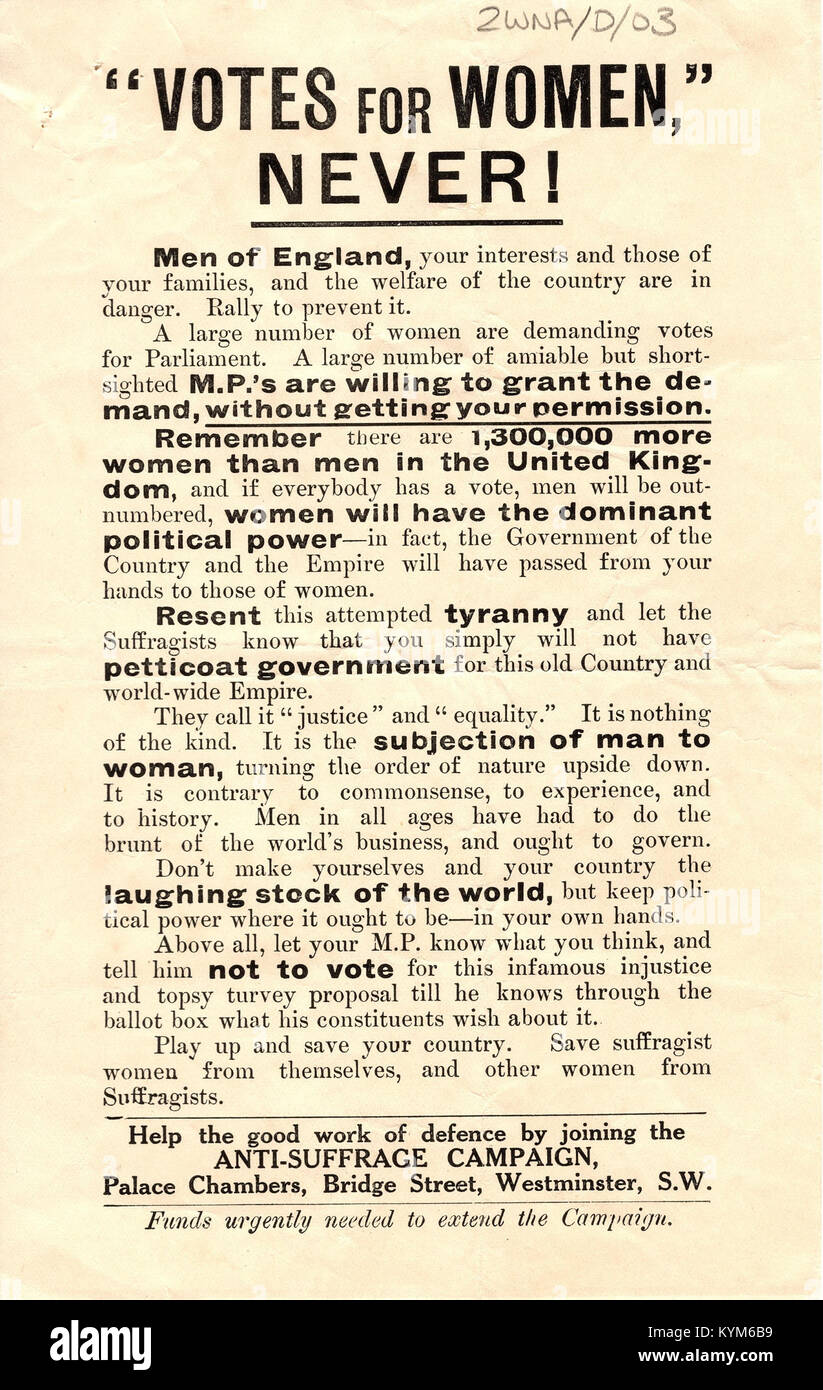 A leaflet from the Women's National Anti-Suffrage League, presenting ...