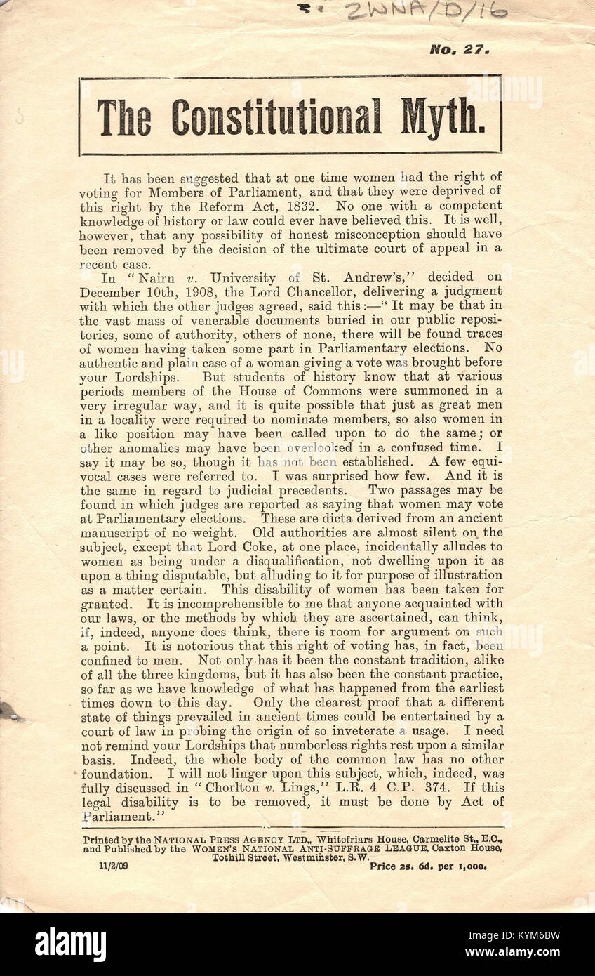 A historical leaflet from the Women's National Anti-Suffrage League ...