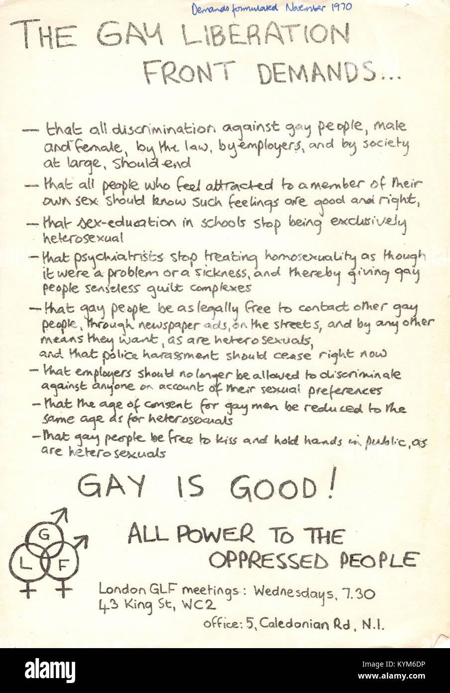 A photograph from the Gay Liberation Front demanding equality, likely ...