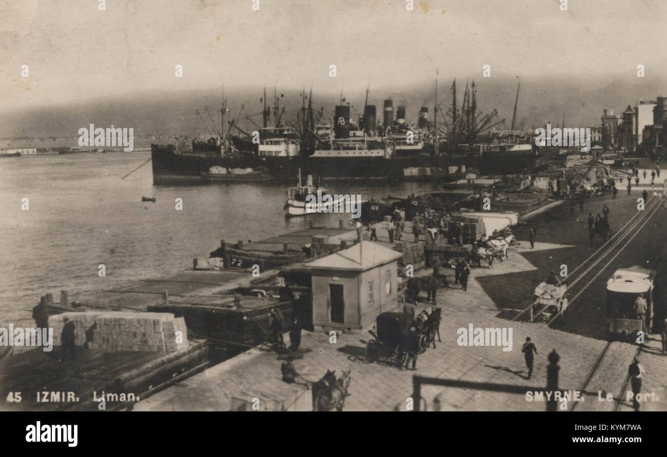 A historic photograph depicting the Port of Izmir, showcasing its ...