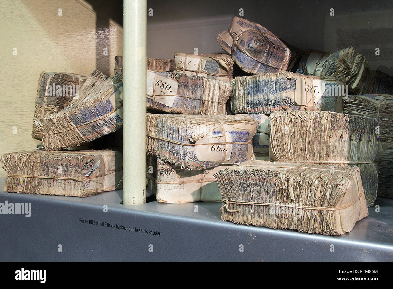 A historical image showing banknotes from the Ottoman Bank Museum ...