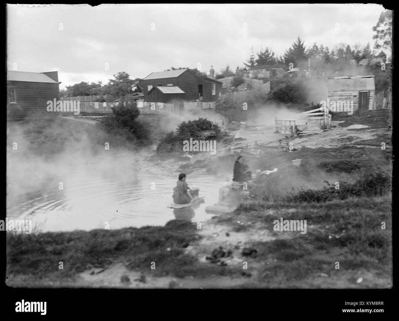 A historical image capturing scenic views of Rotorua in New Zealand and ...