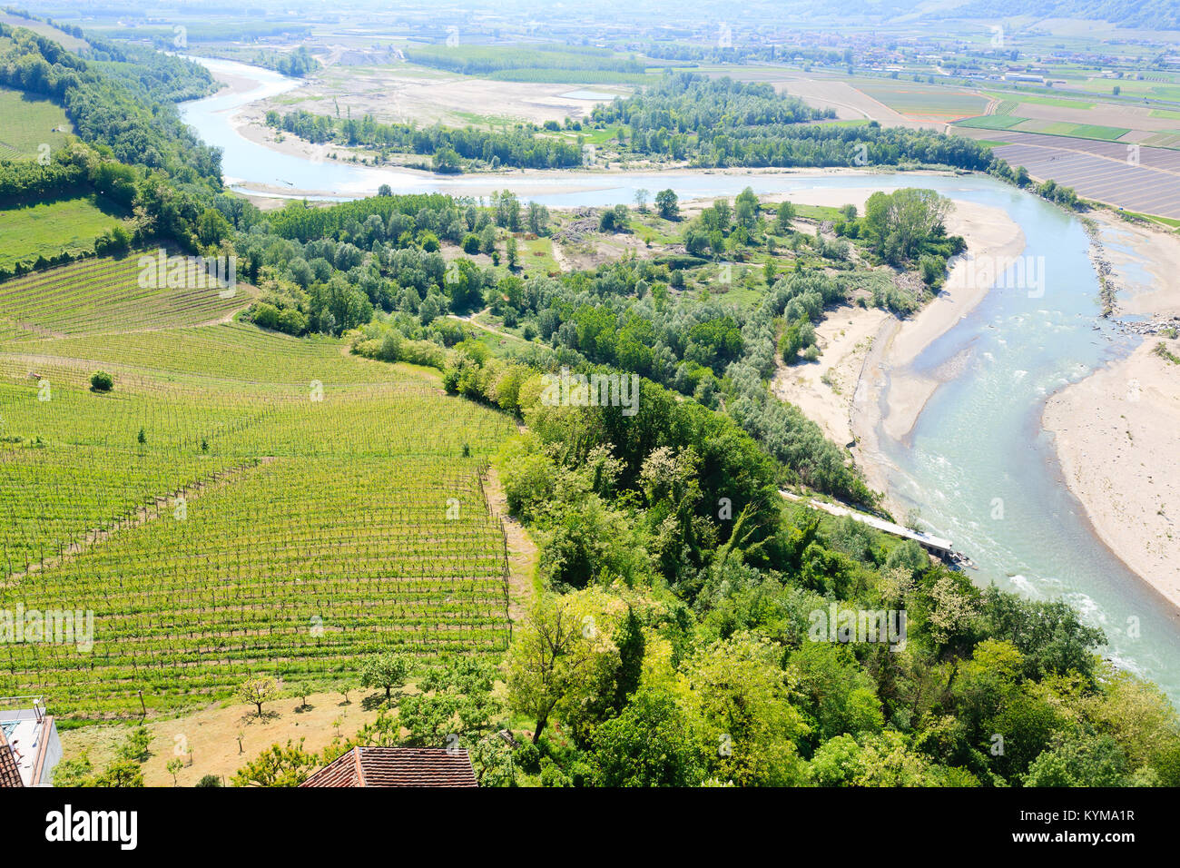 Tanaro river view. Vineyards from Langhe region,Italy agriculture ...