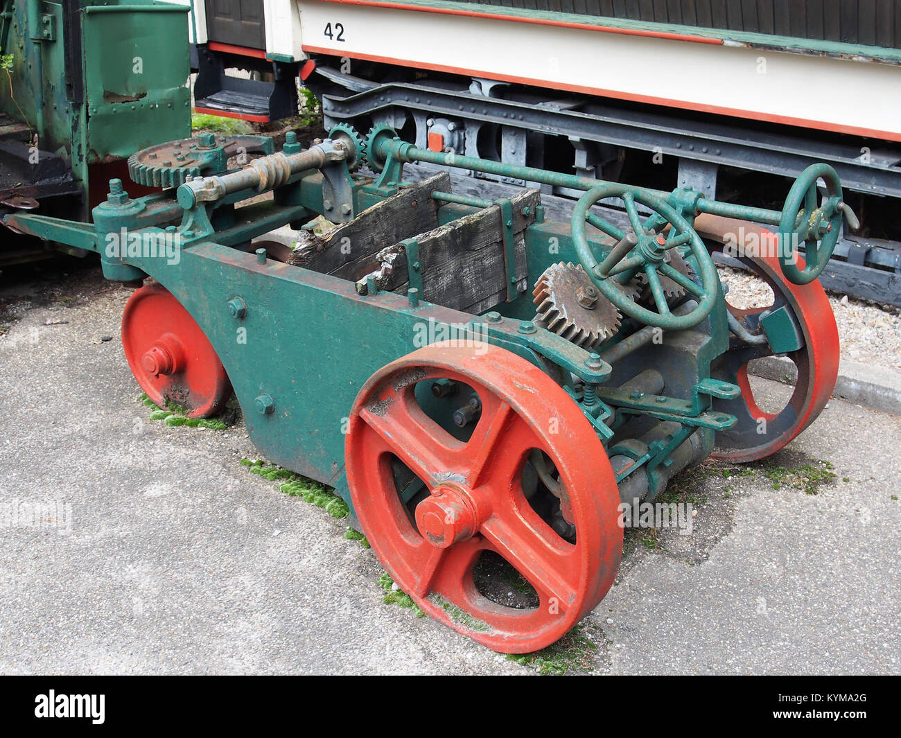 A historic image of a Strabag steamroller with a trailer, housed at the ...