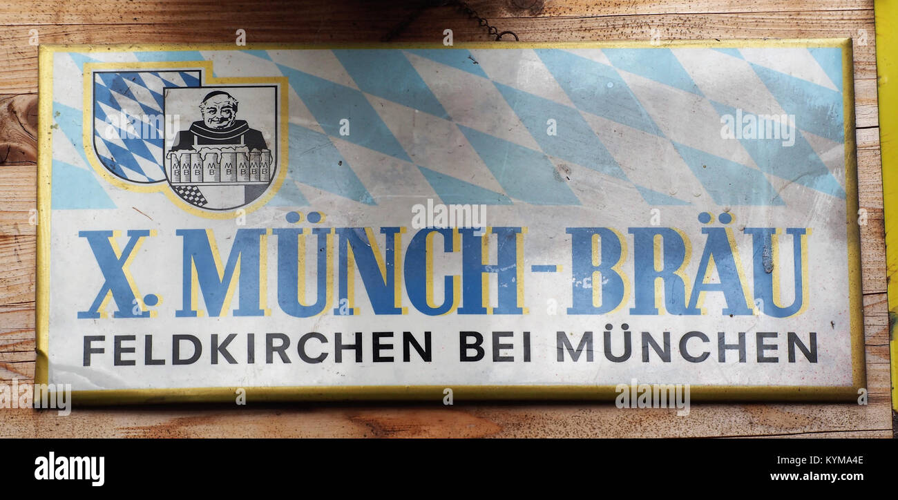 A metal advertising sign for X Münch-Bräu at the Fahrzeugmuseum ...