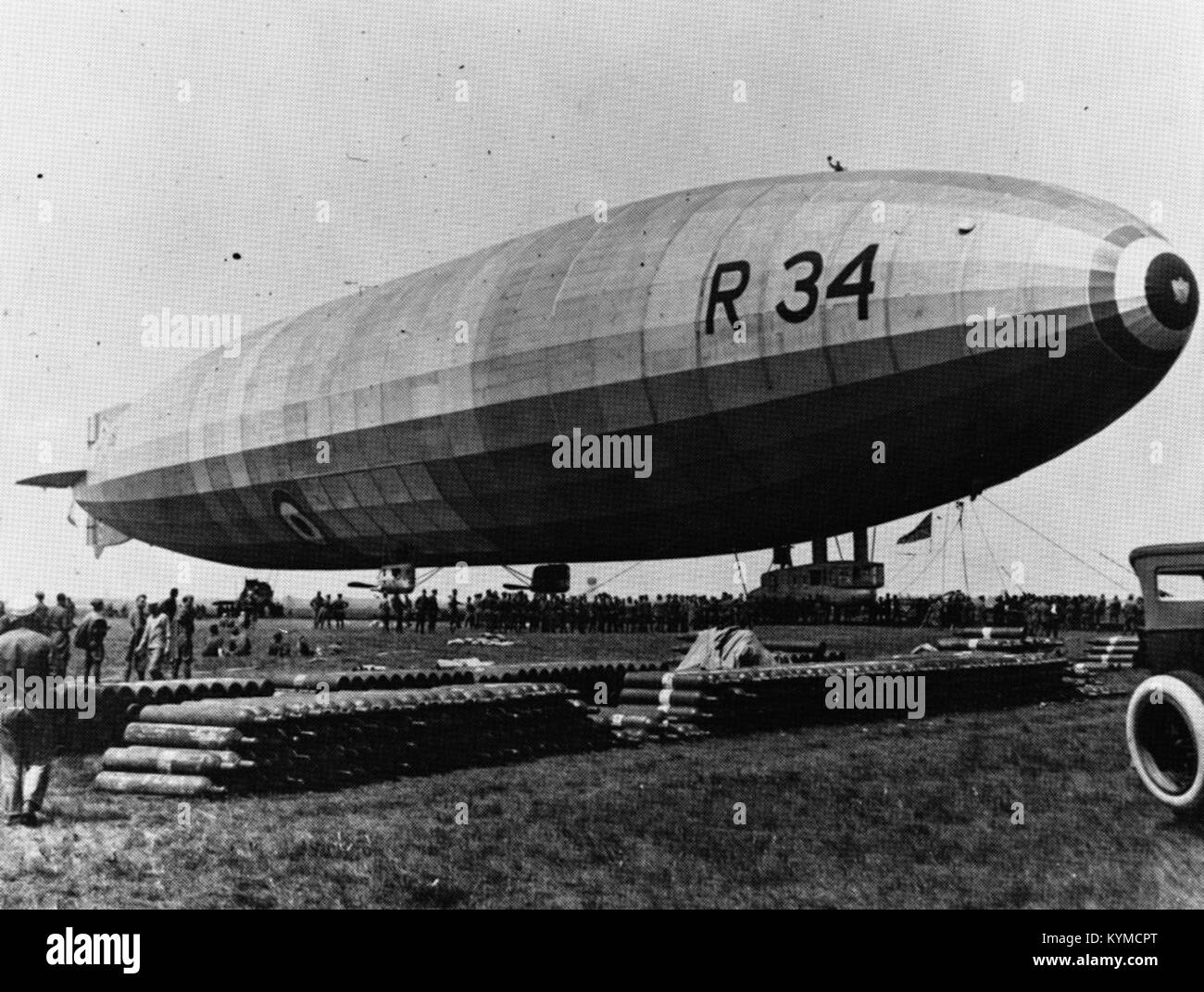 A photograph of the Royal Air Force dirigible R-34 at Roosevelt Field ...