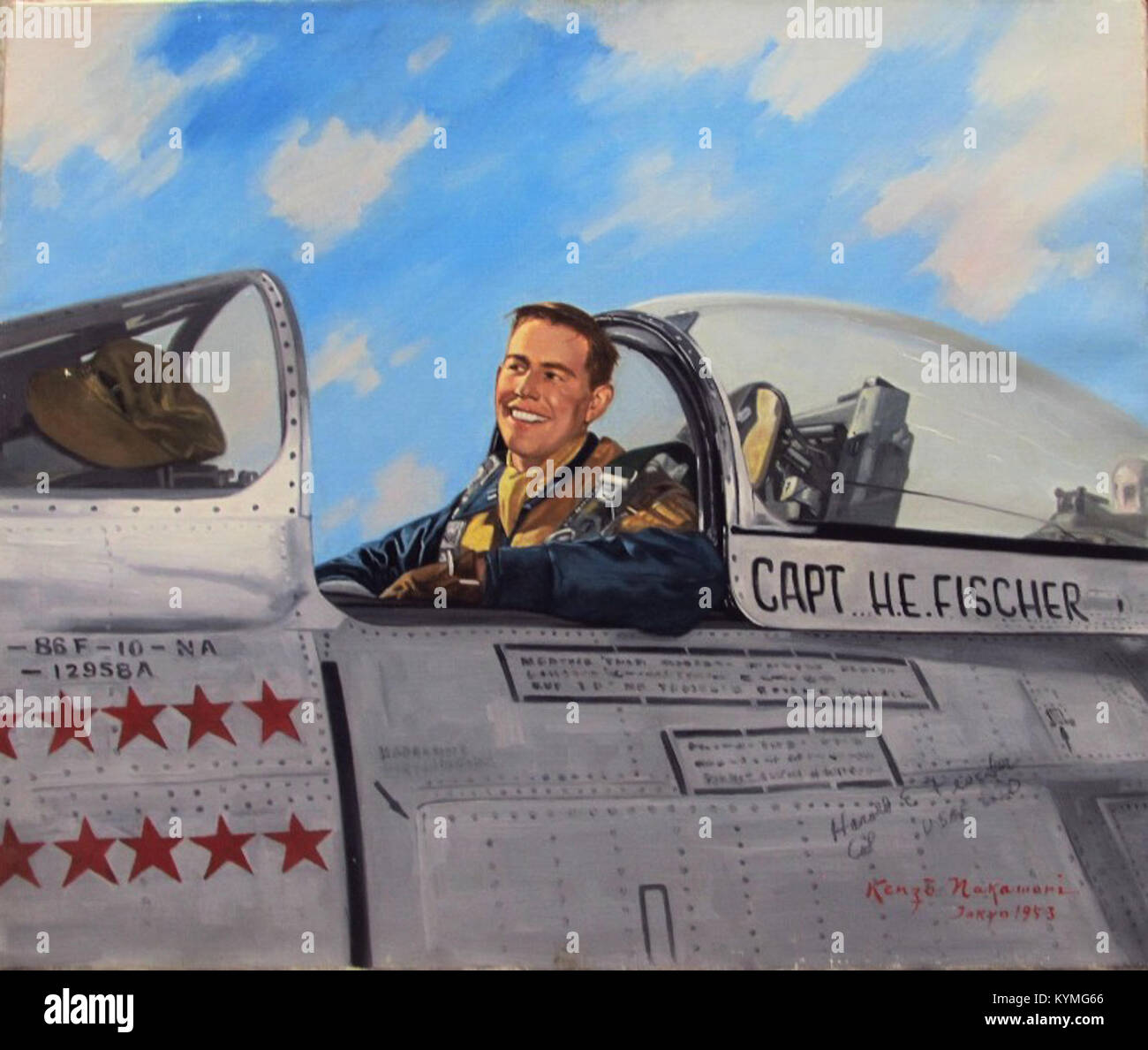 This image features a portrait of fighter ace Harold E. Fischer ...