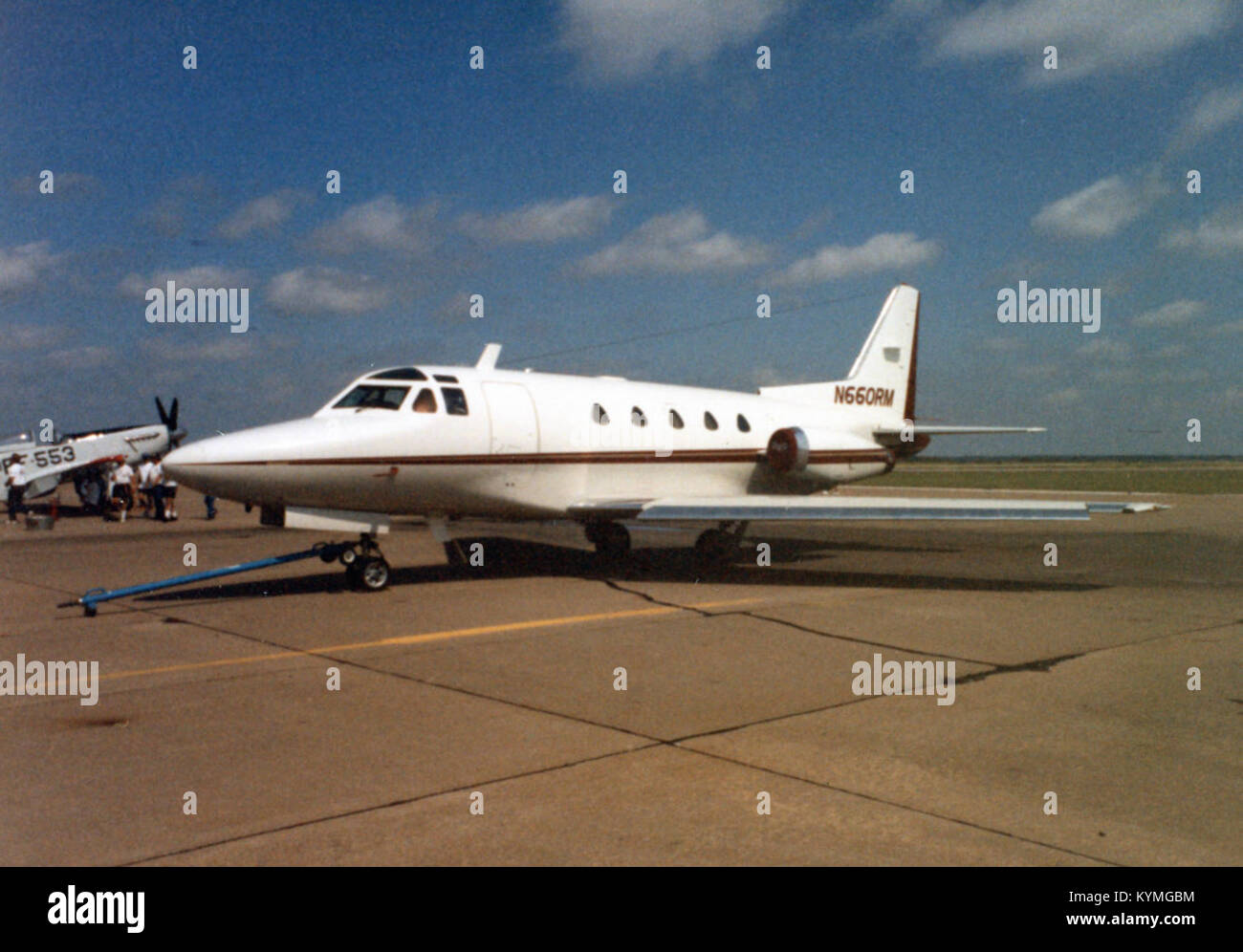 A photograph of a North American Sabreliner aircraft in flight, showing ...