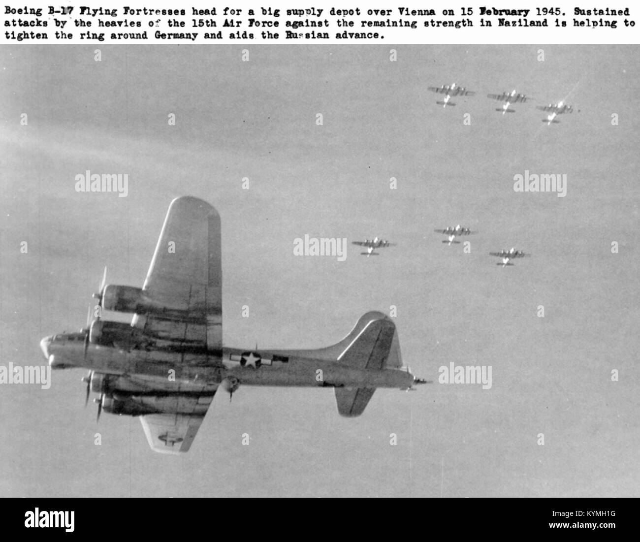 A historical photograph of a Boeing B-17 Flying Fortress, depicting the ...