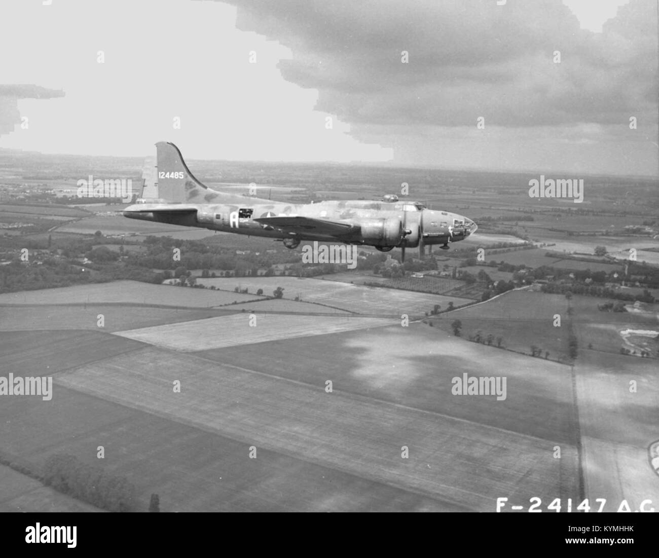 A historical photograph of a Boeing B-17 Flying Fortress, an iconic ...