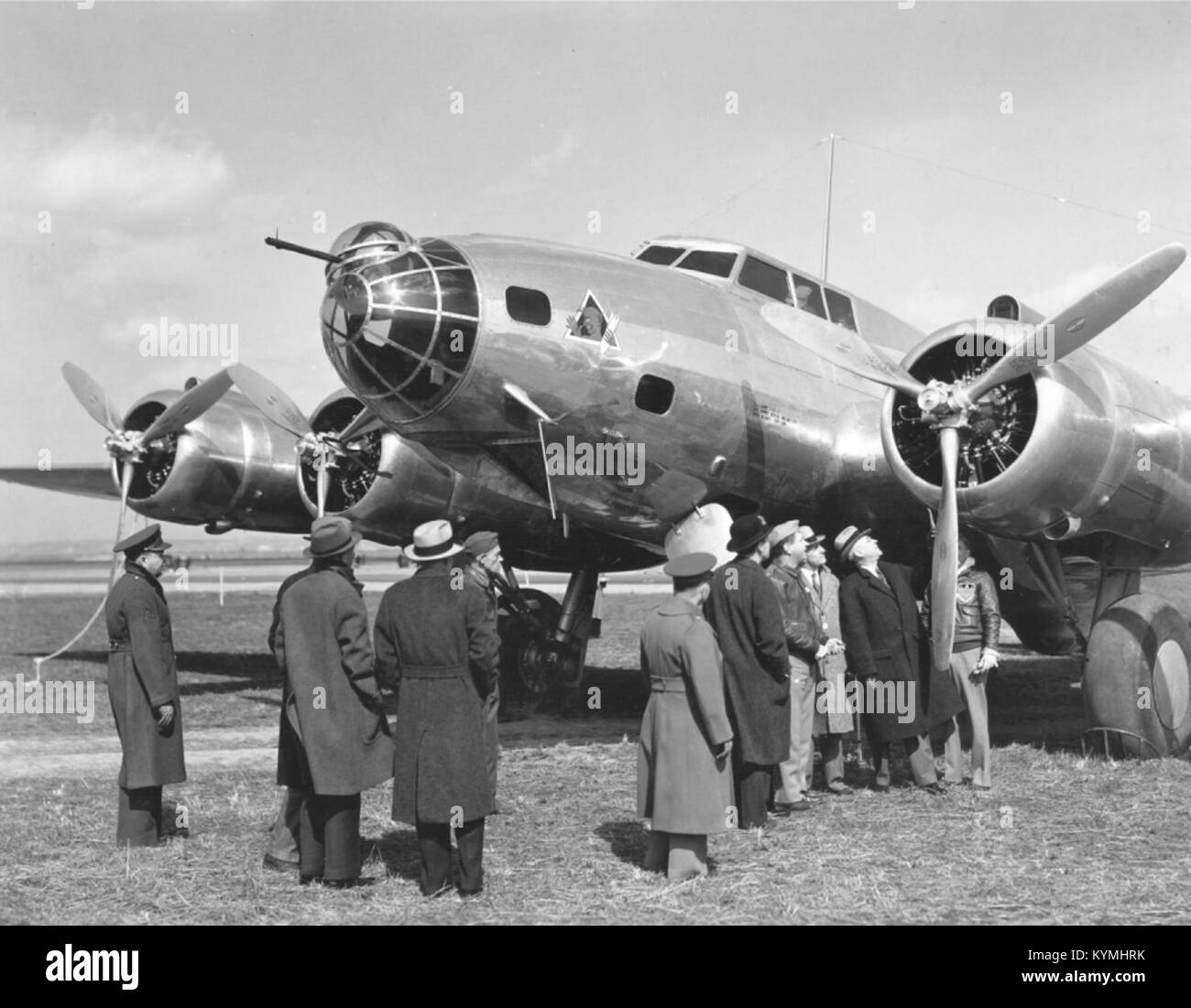 A historic photograph of a Boeing B-17 Flying Fortress, a four-engine ...