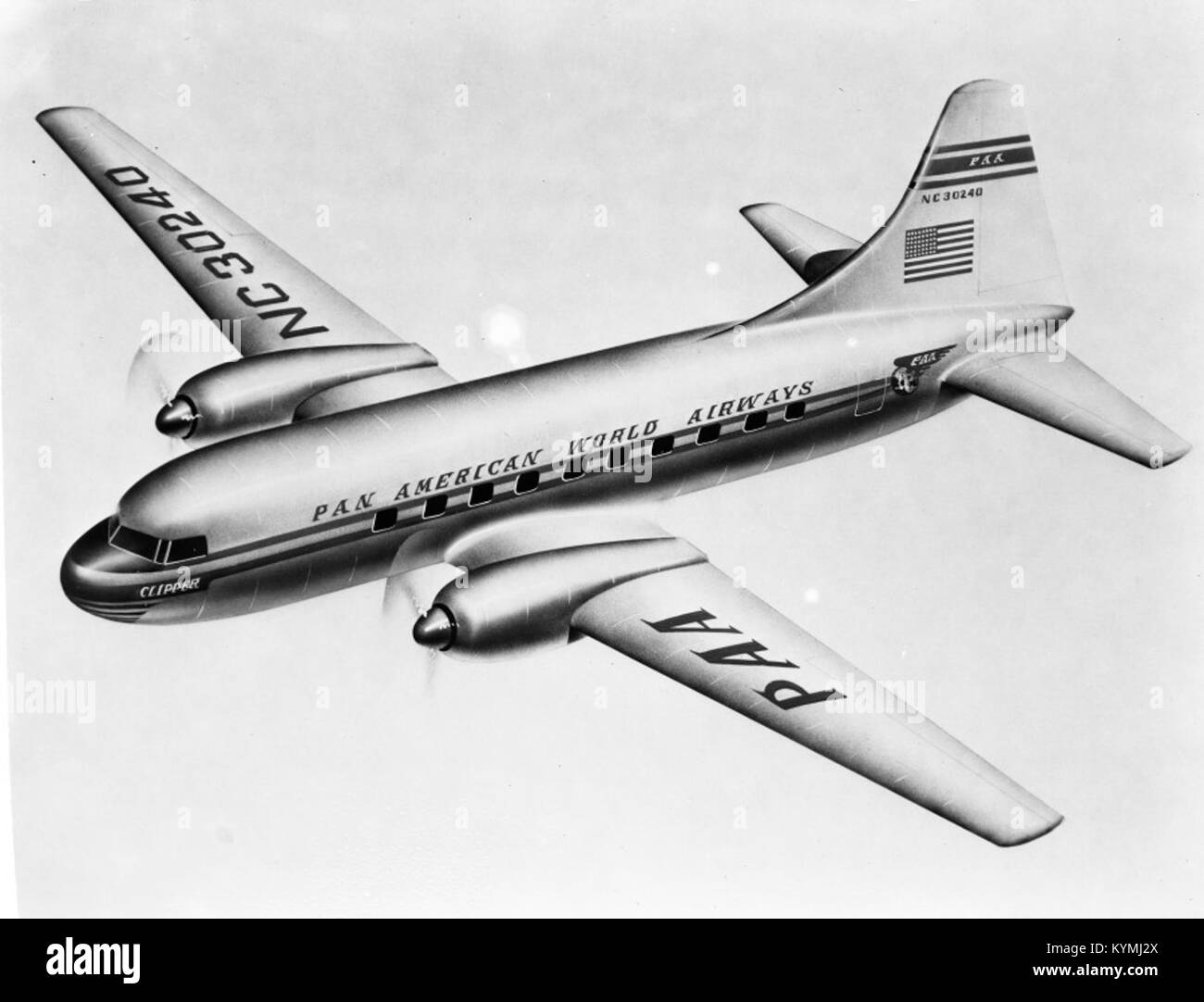 A negative image of a Convair aircraft, captured in a historical ...