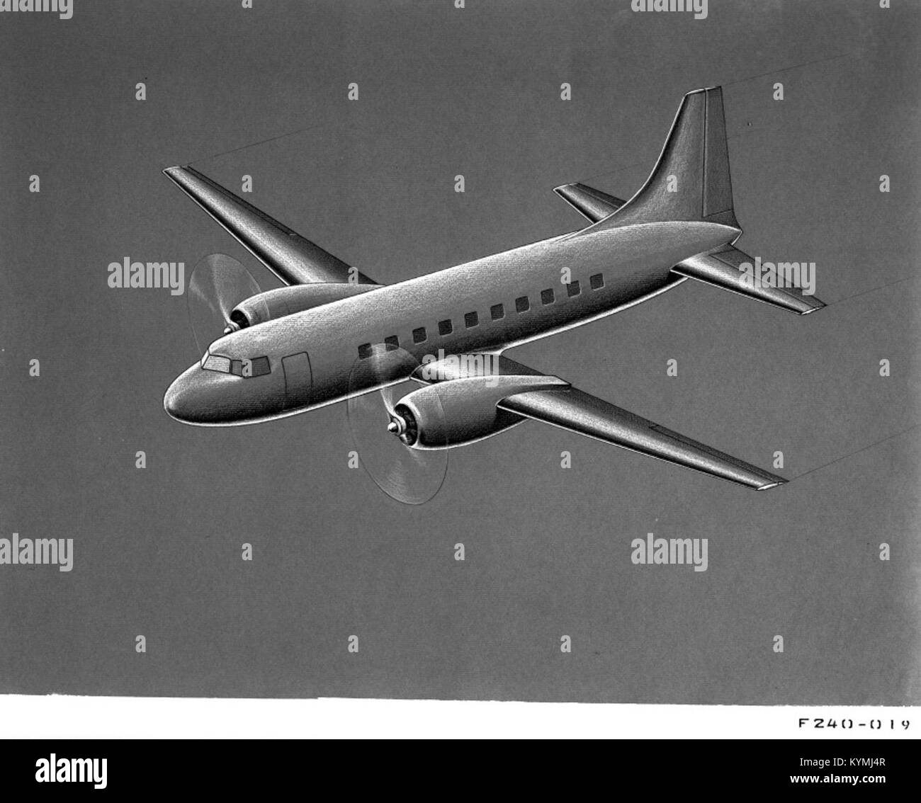 Negative image of a Convair aircraft, captured during flight, showing ...