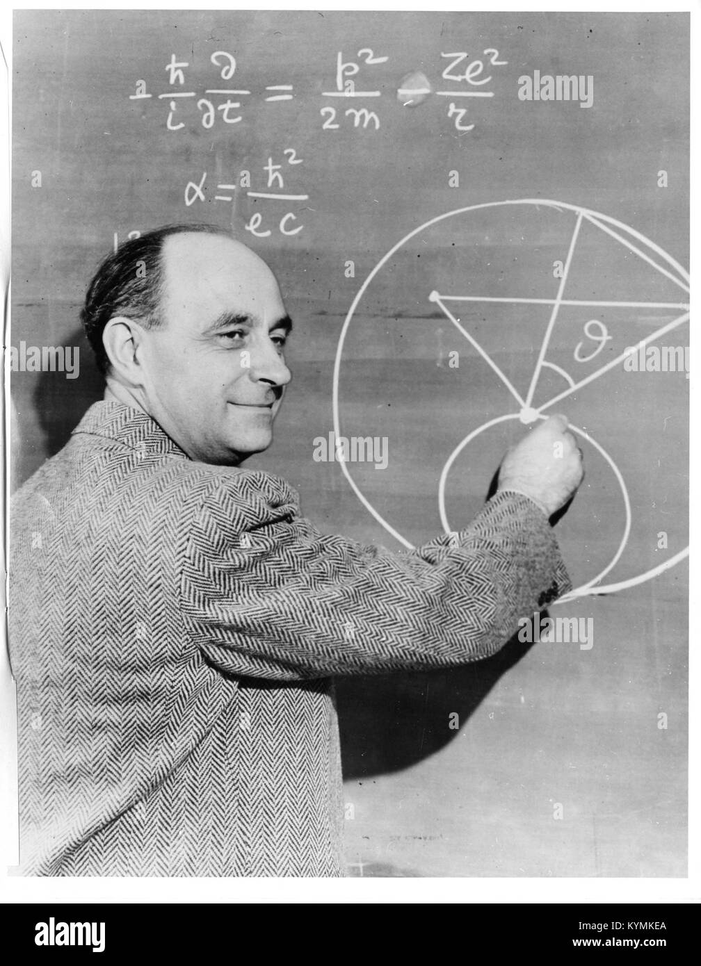 Portrait of Enrico Fermi, Nobel Laureate and nuclear physicist, depicted in an illustration with ...