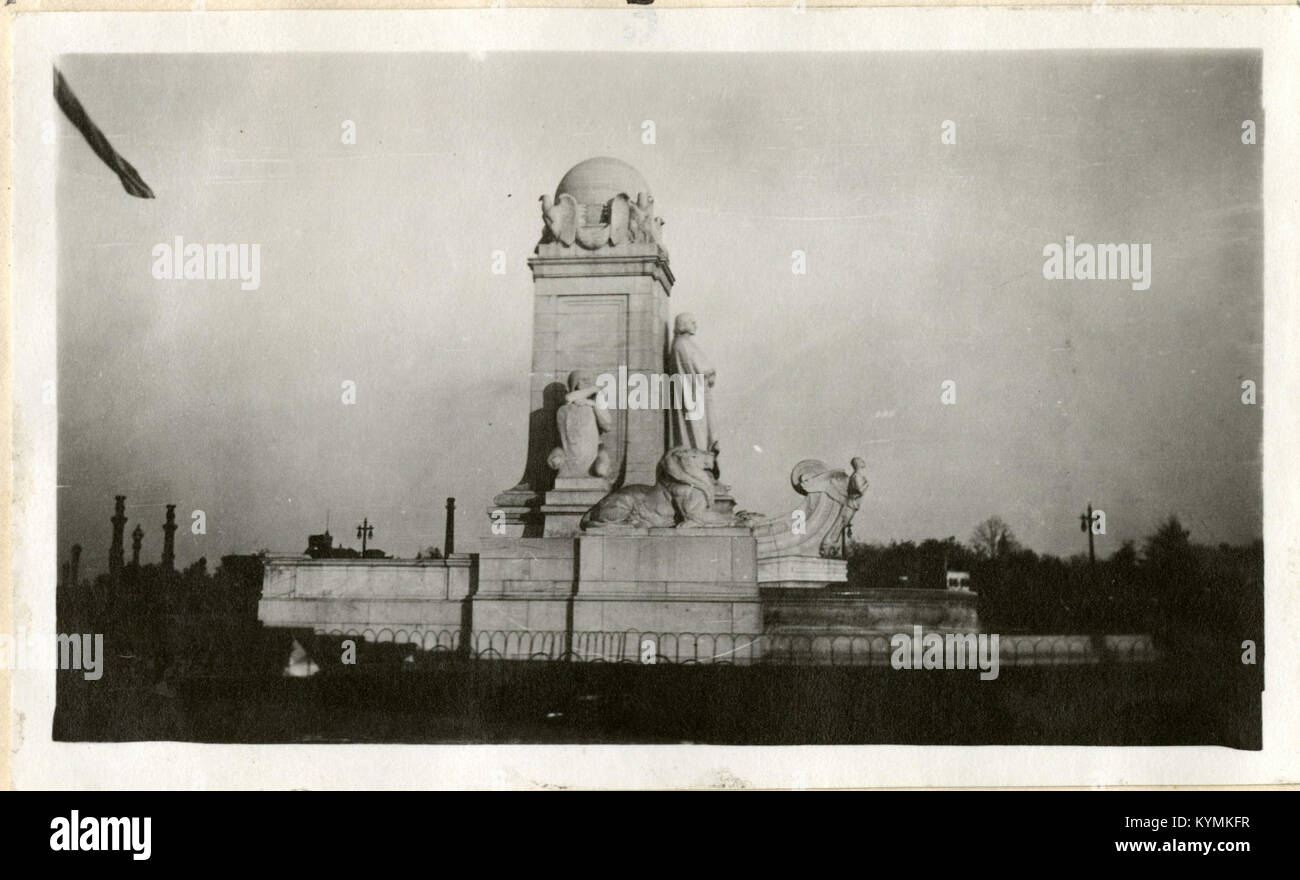 A historic photograph of the Columbus Fountain and Statue, located in a ...