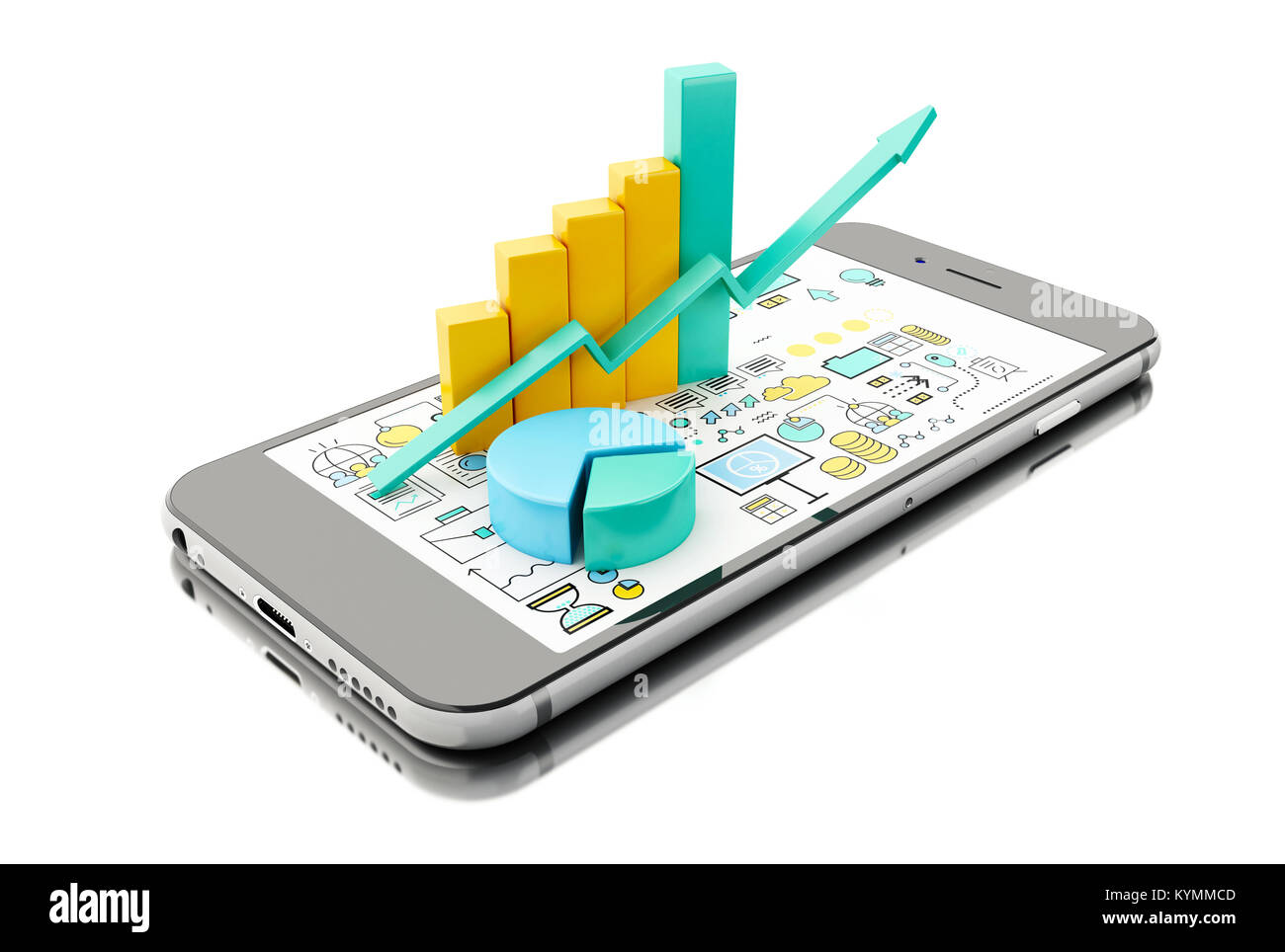 3d illustration. Bar graph and pie chart on Smartphone. Business ...